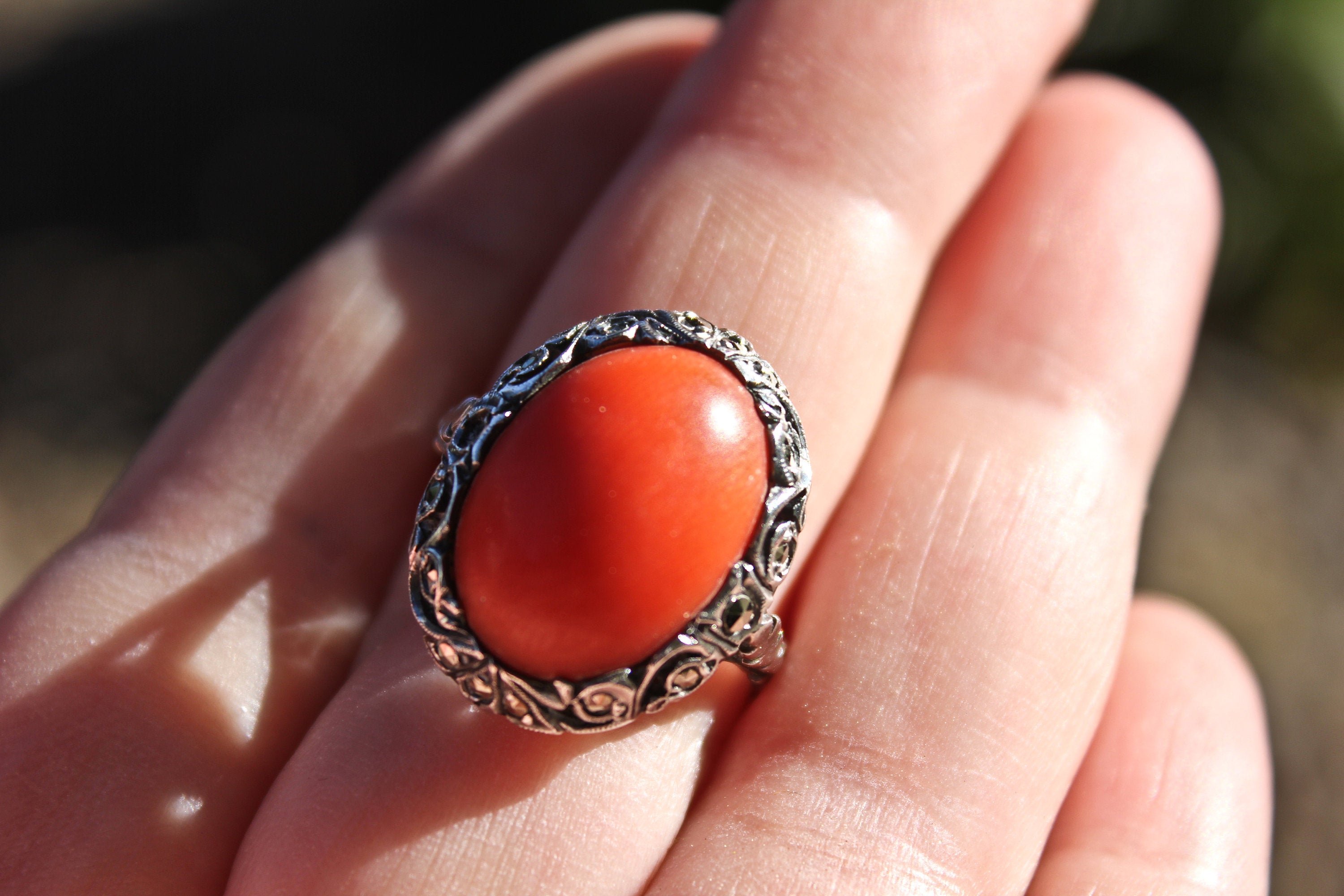 Vintage 40's Sterling Silver and Red Coral Ring | Shop THRILLING