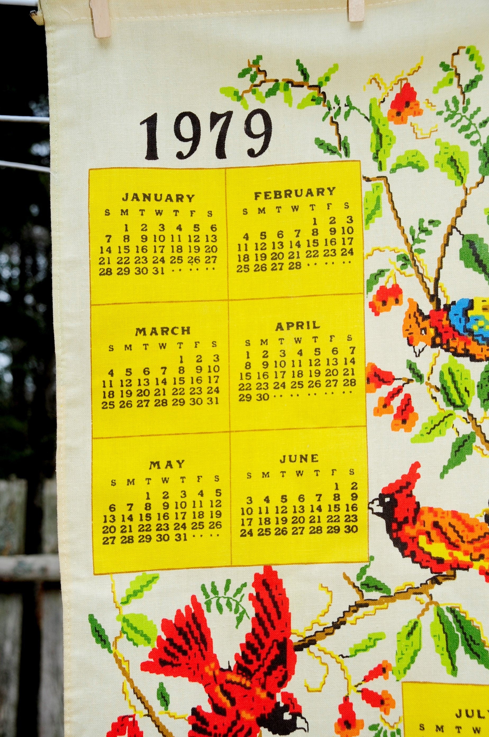 Vintage Vtg 1979 / Cotton Calendar Tea Towel / Folk Birds Design ...