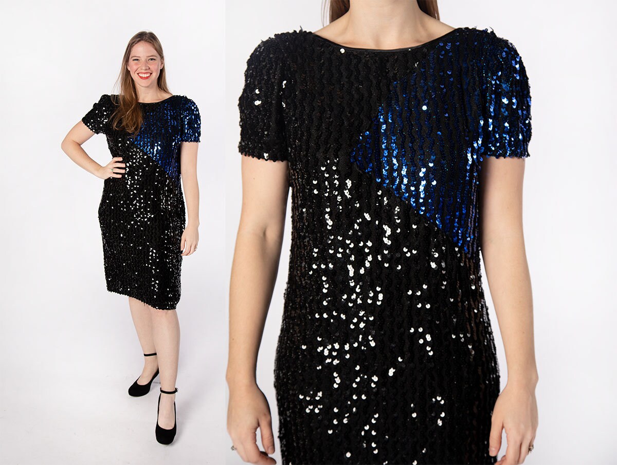Vintage Fully Sequined Black and Royal Blue Colorblock Electro 80s New ...