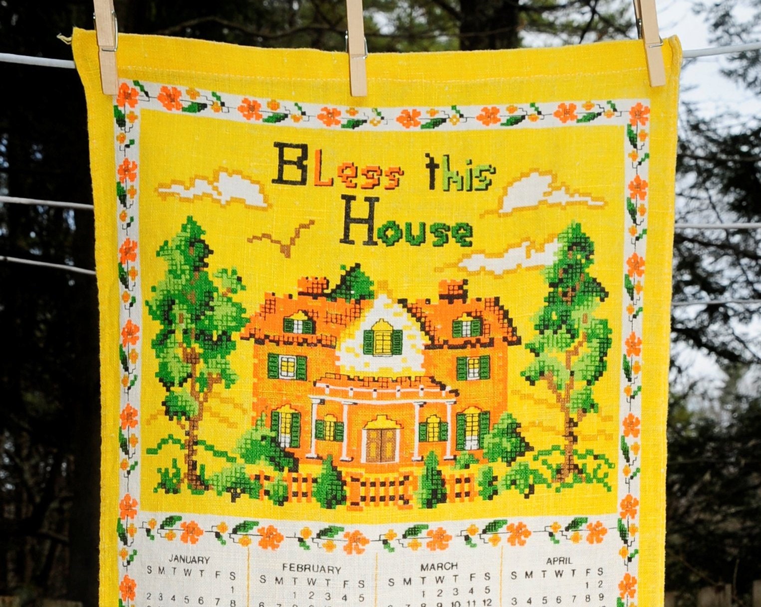 Vintage Vtg 1977 Linen Calendar Tea Towel / Bless This House Verse ...