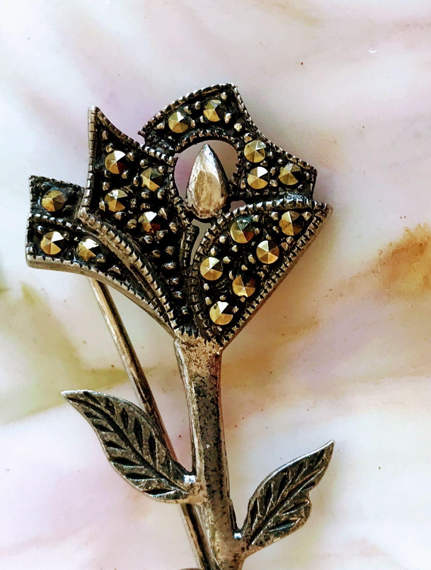 90s Vintage Sterling Silver Marcasite Brooch Rose Flower | Shop THRILLING