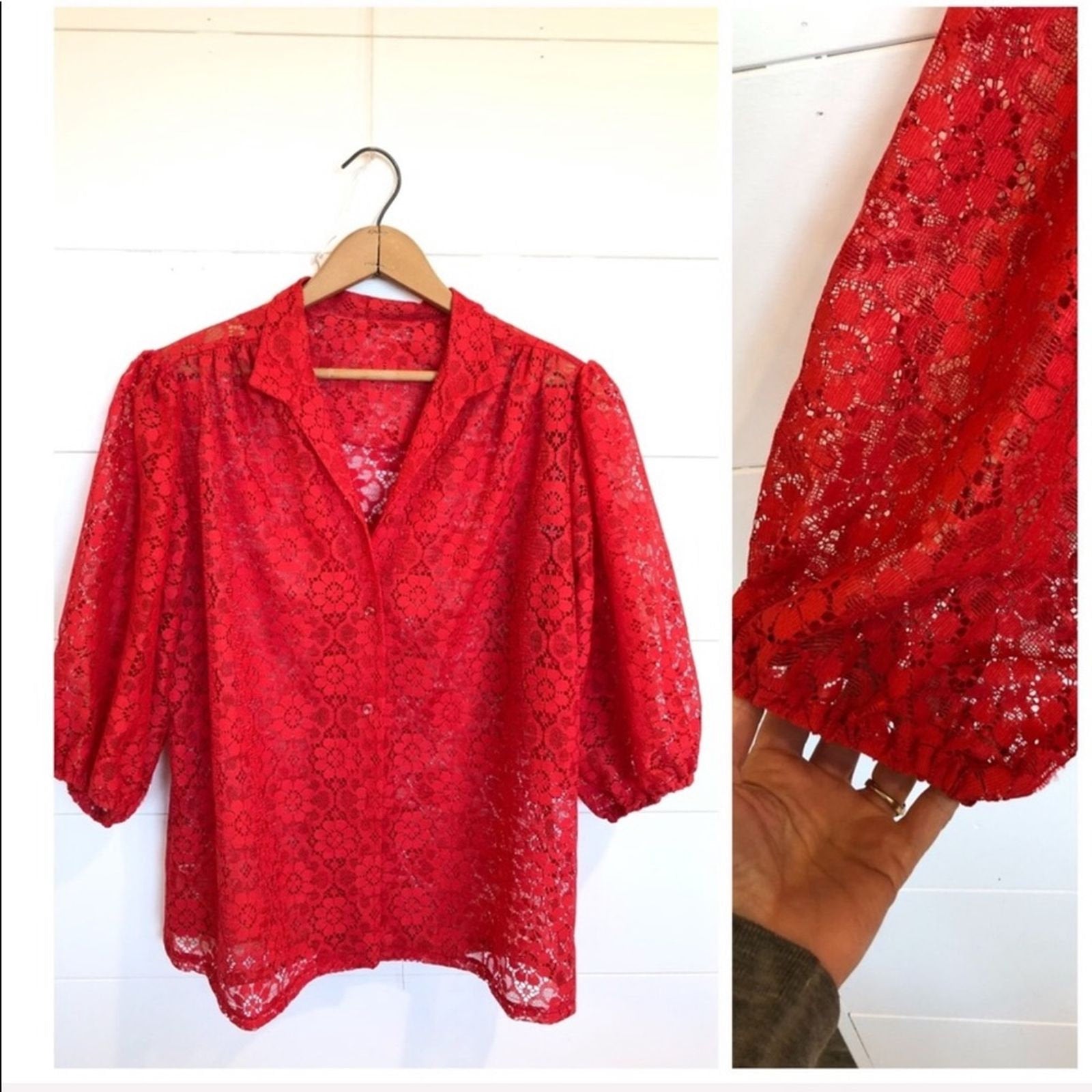 Vintage Red Lace Sheer Ballon Sleeve Button Up Blouse | Shop THRILLING