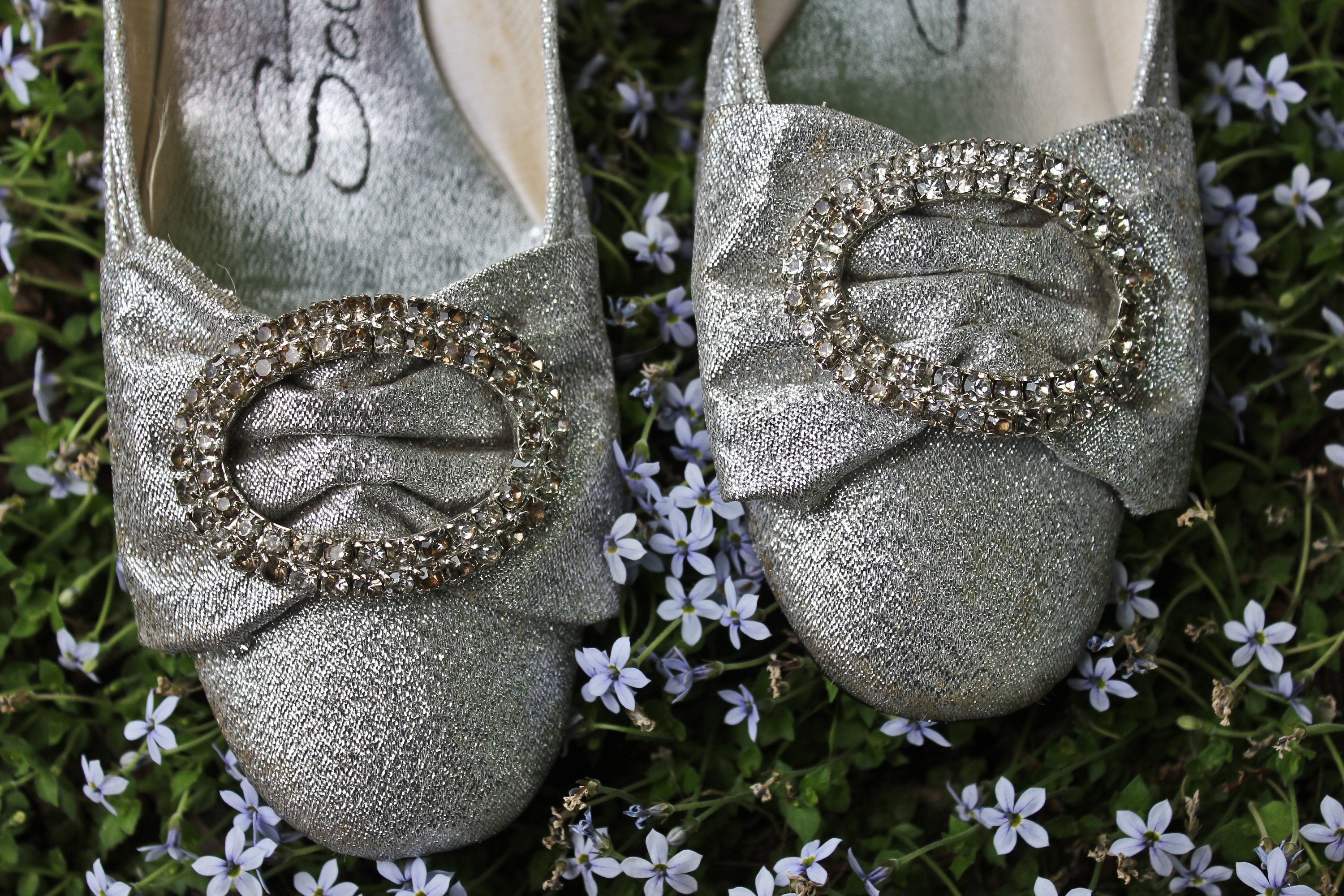 Vintage 60's Silver Slippers with Rhinestone Buckles and Bows by ...