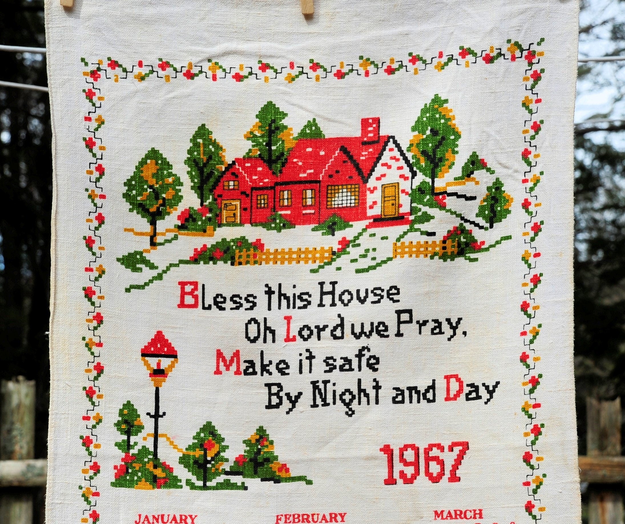 Vintage Vtg 1967 'bless This House' Calendar Towel Faux Cross Stitch ...
