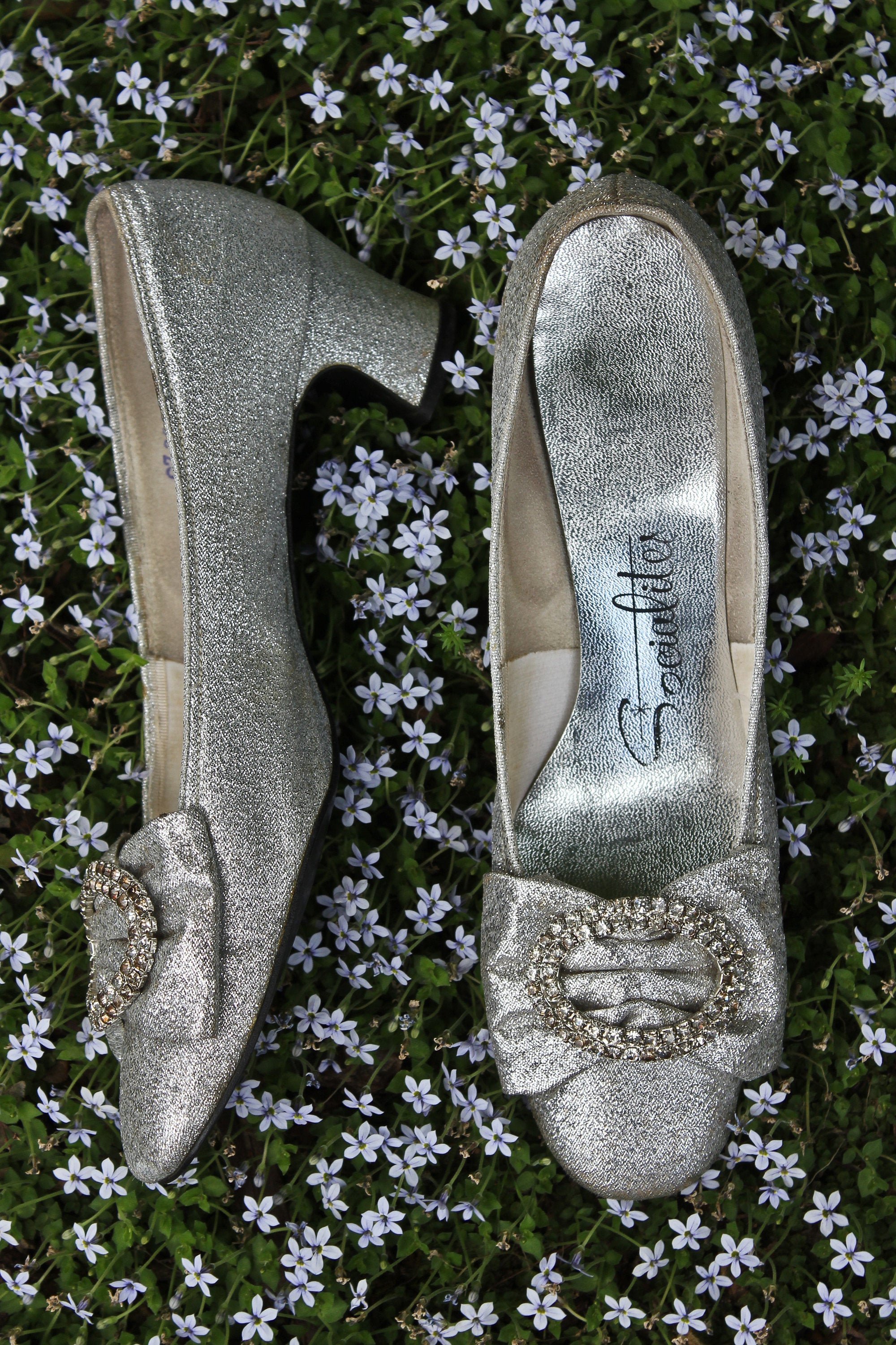 Vintage 60's Silver Slippers with Rhinestone Buckles and Bows by ...