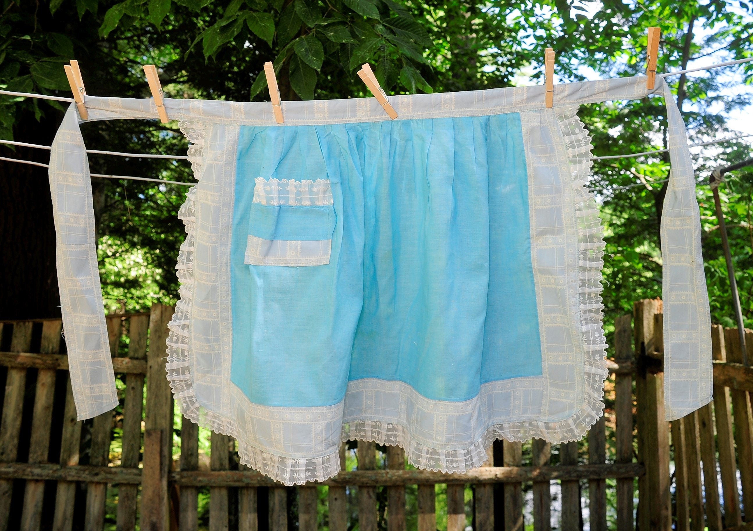 Vintage Vtg 50s Robin's Egg Blue Cotton Hostess Apron Lace Pocket and ...