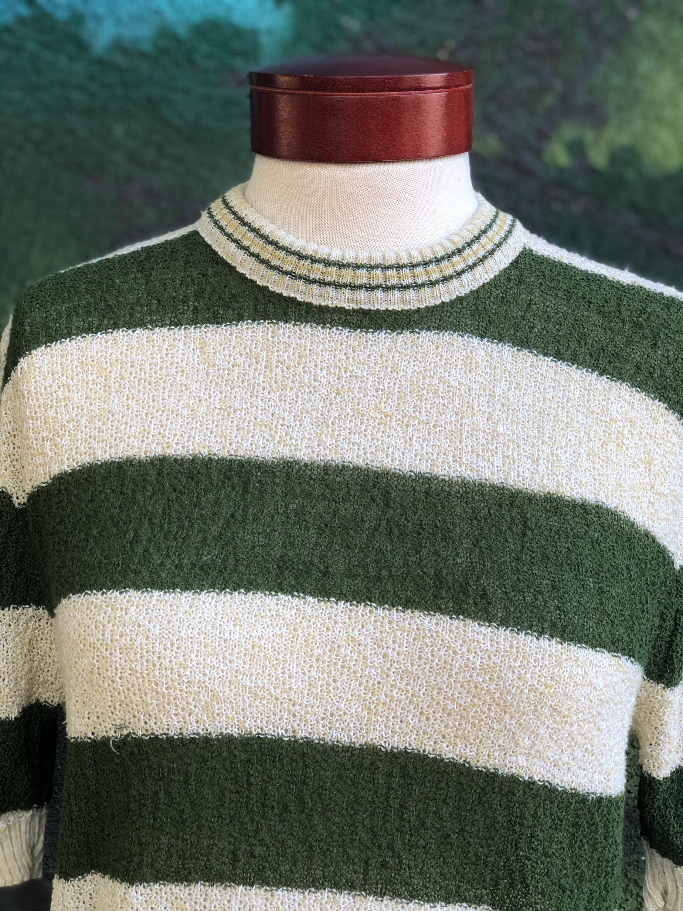 Vintage 60’s Knit Green and White Striped Polyester Sweater by ...