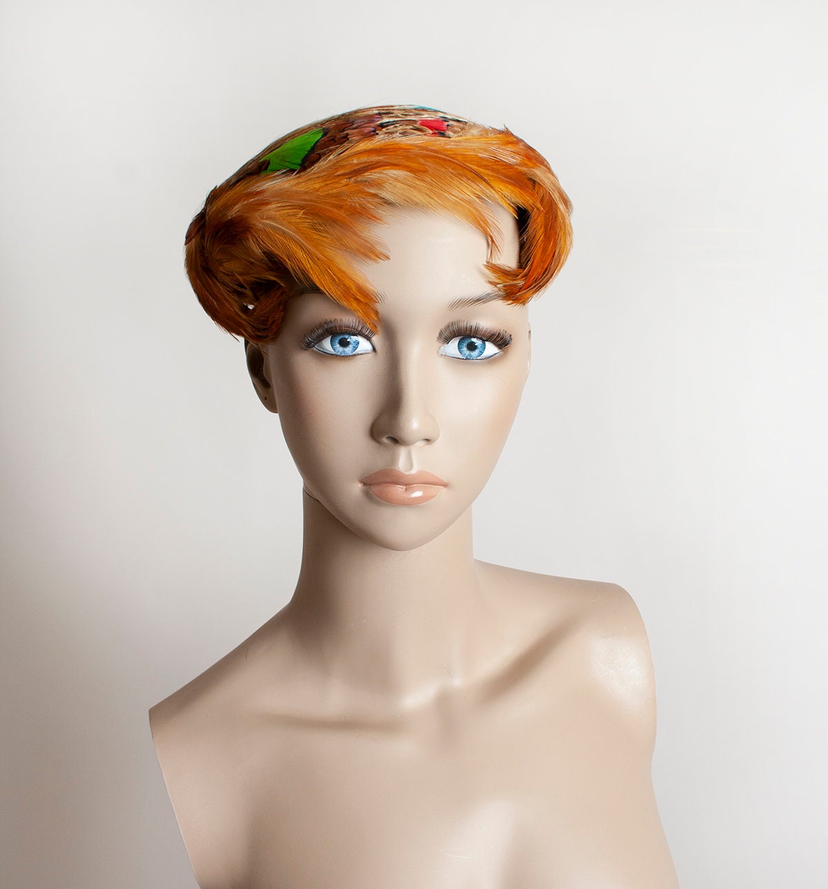 Vintage 60s Feather Hat Pumpkin Spice Orange Feathered Cap with Pops o ...