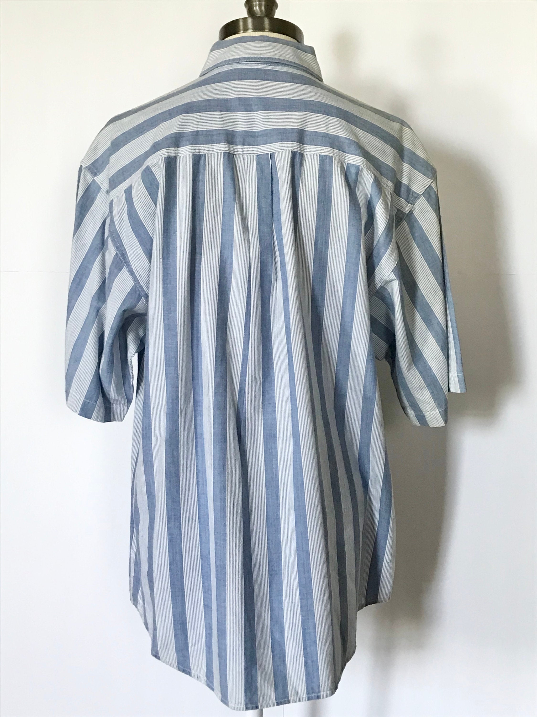 Vintage 90's Blue and White Striped Short Sleeve Button Up by Double ...