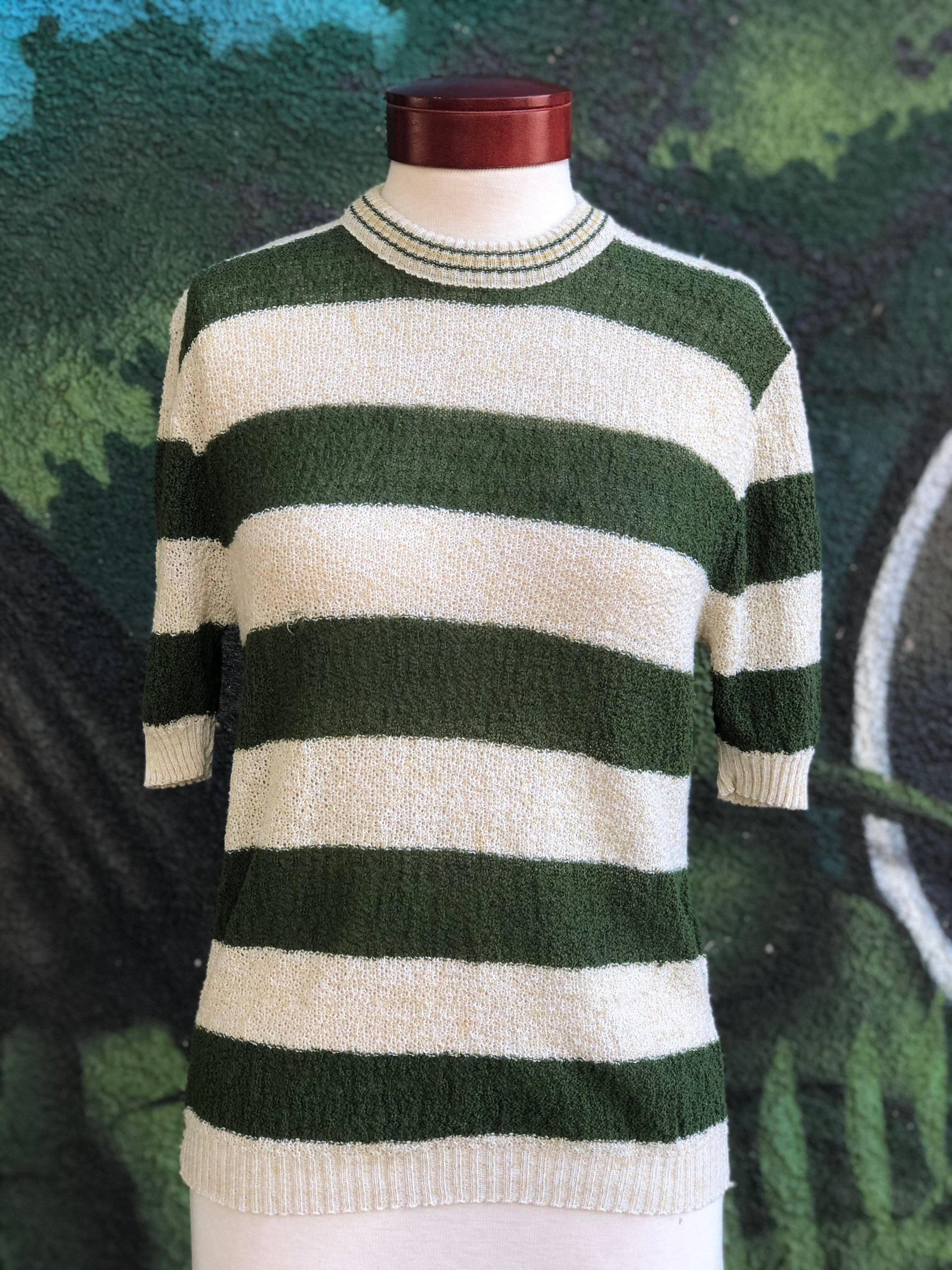 Vintage 60’s Knit Green and White Striped Polyester Sweater by ...