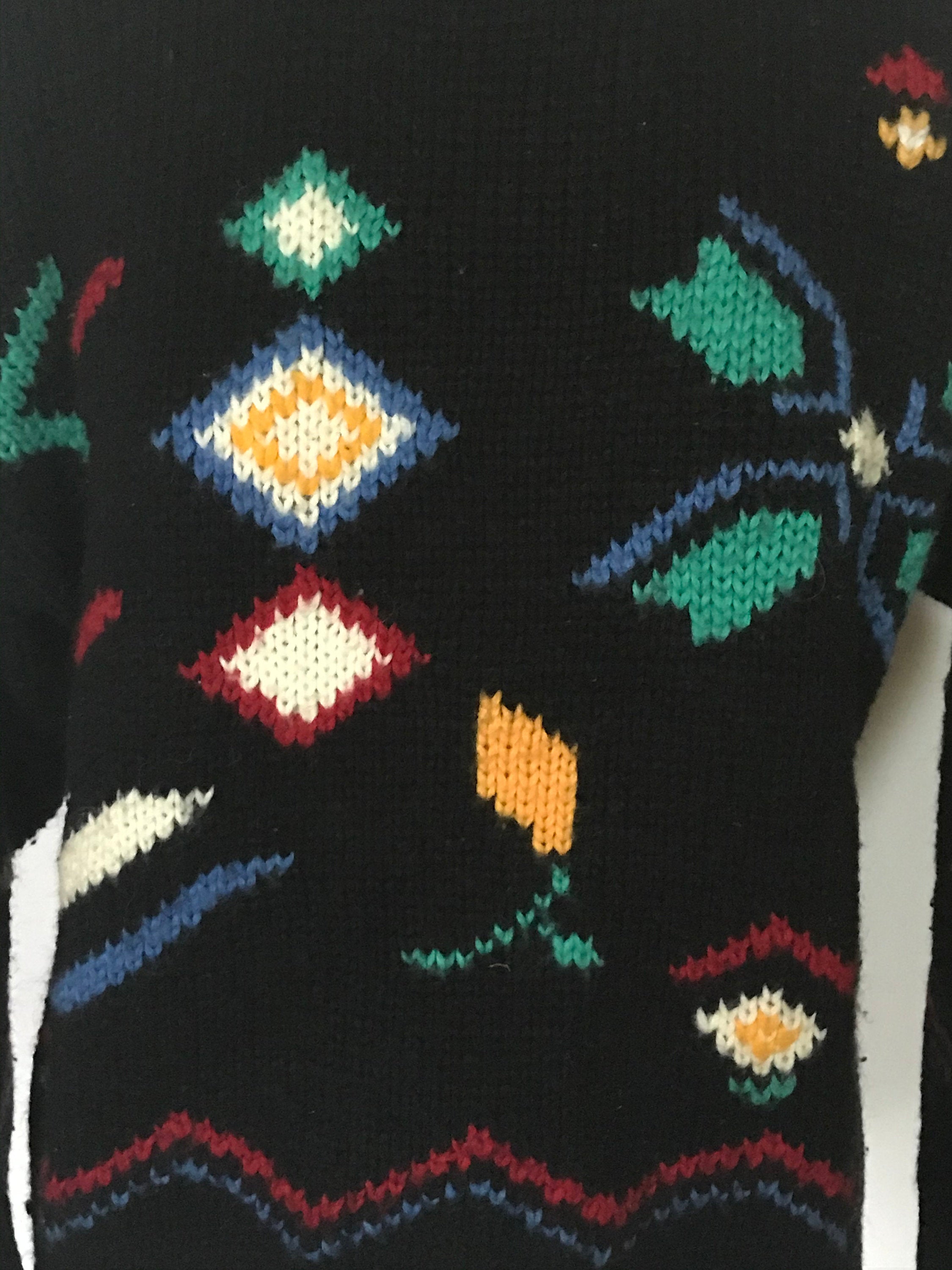Vintage 80's/90's Black Knit Sweater with Multicolor Abstract Print by ...