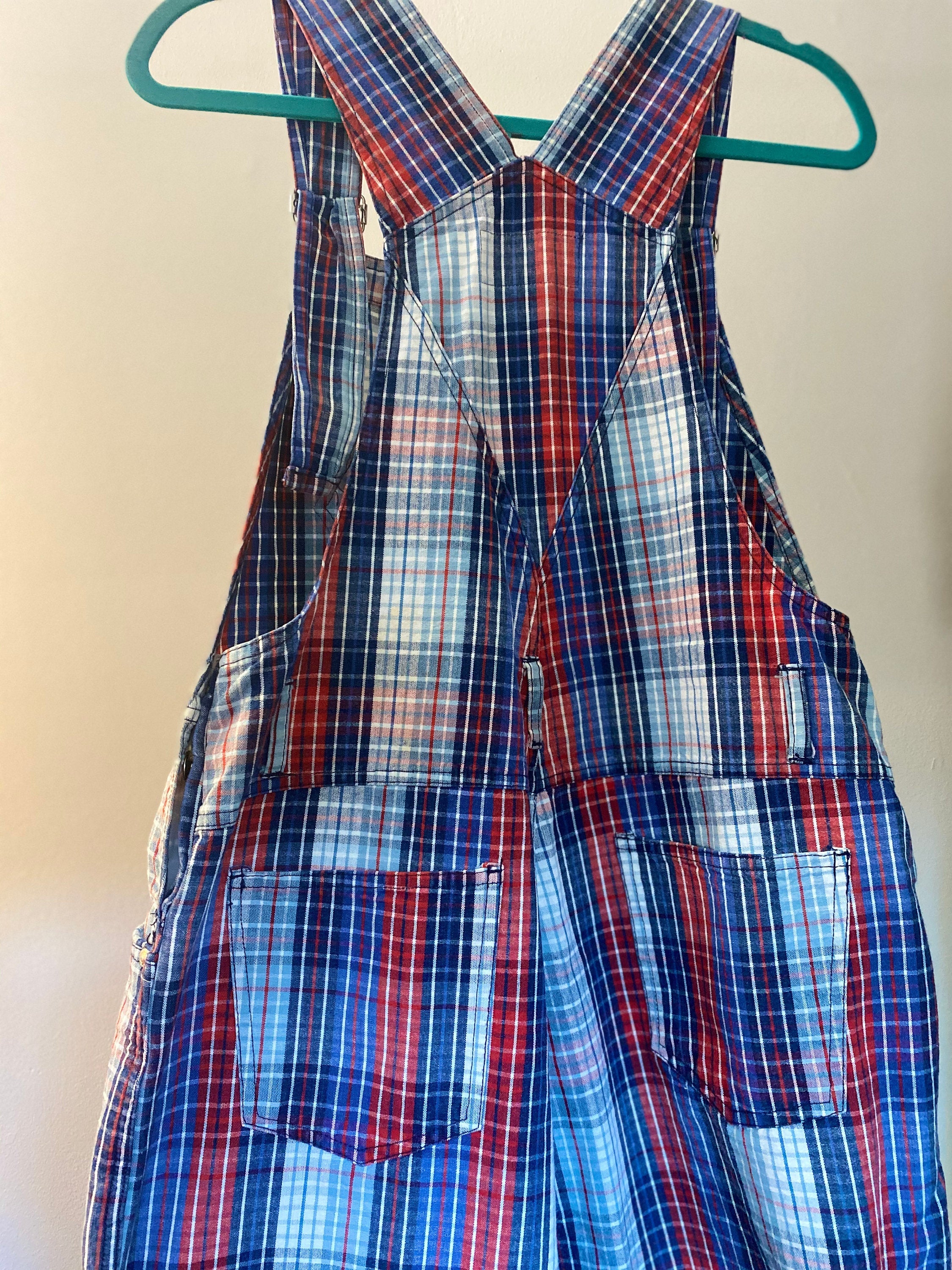Vintage 90’s Red, White and Blue Plaid Short Overalls | Shop THRILLING