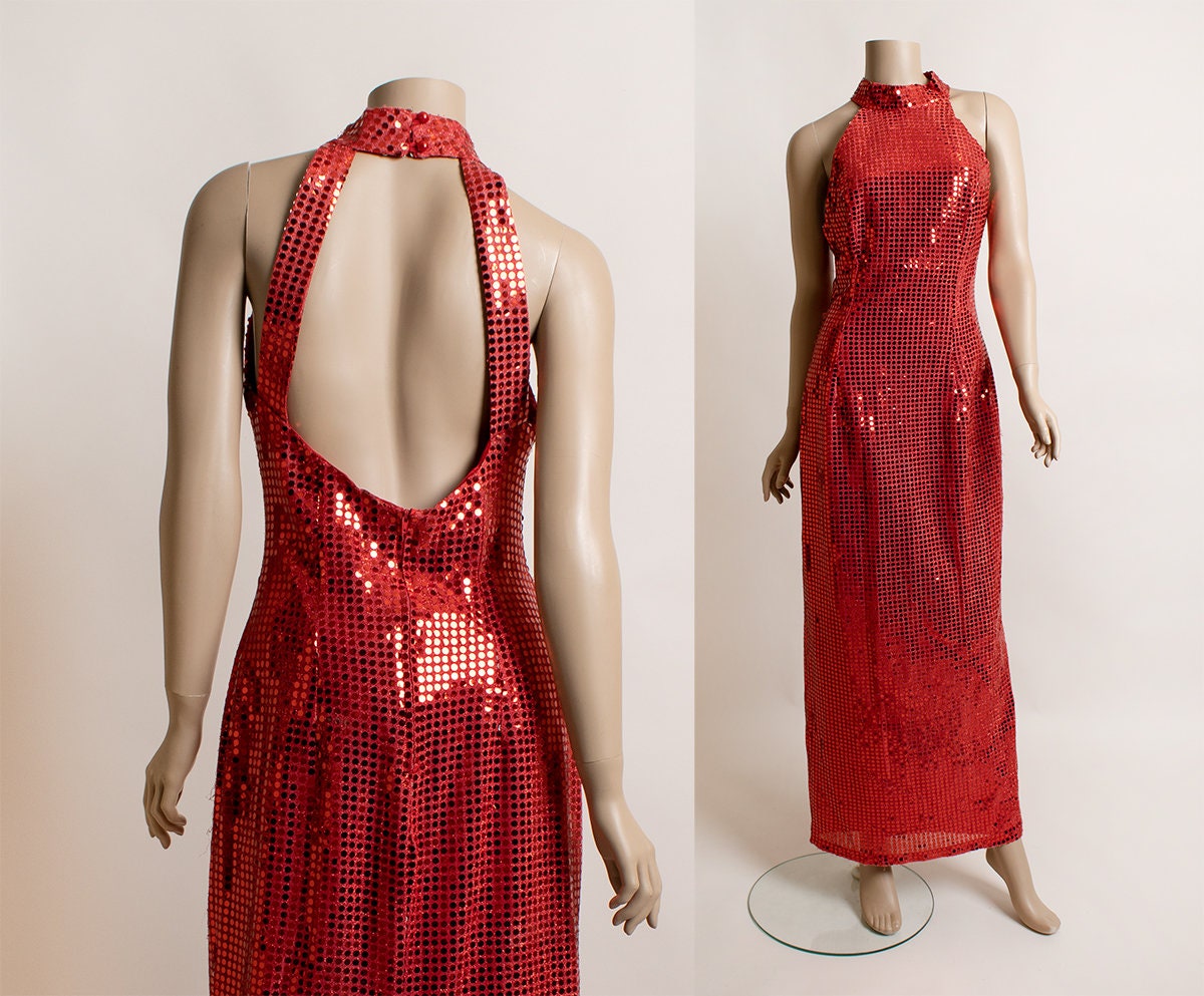 Vintage 80s Fully Sequined Maxi Gown Cherry Red Flashy Jessica Rabbit ...