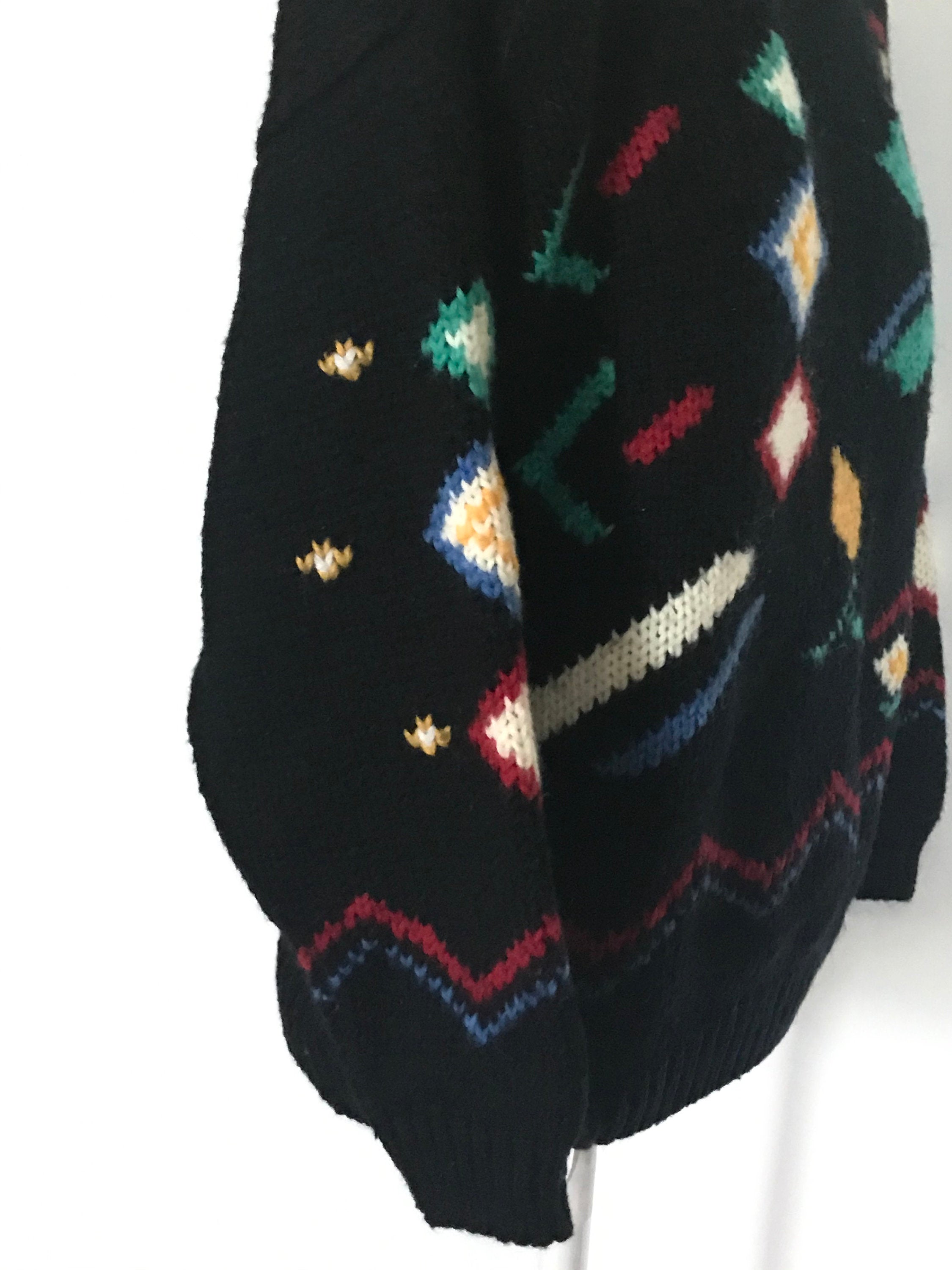 Vintage 80's/90's Black Knit Sweater with Multicolor Abstract Print by ...