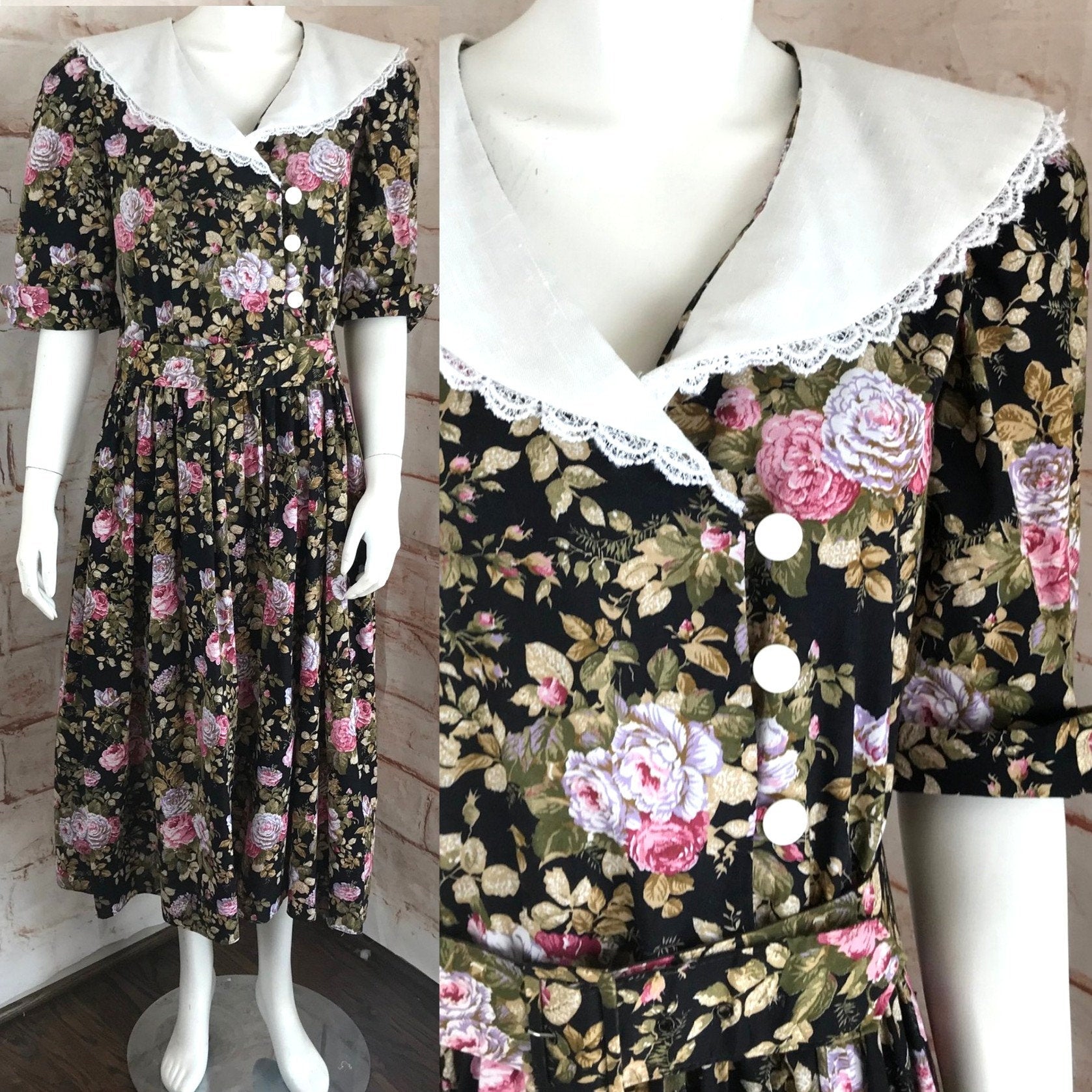 Vintage 80’s Black Floral Sailor Collar Secretary Dress by Sweet ...