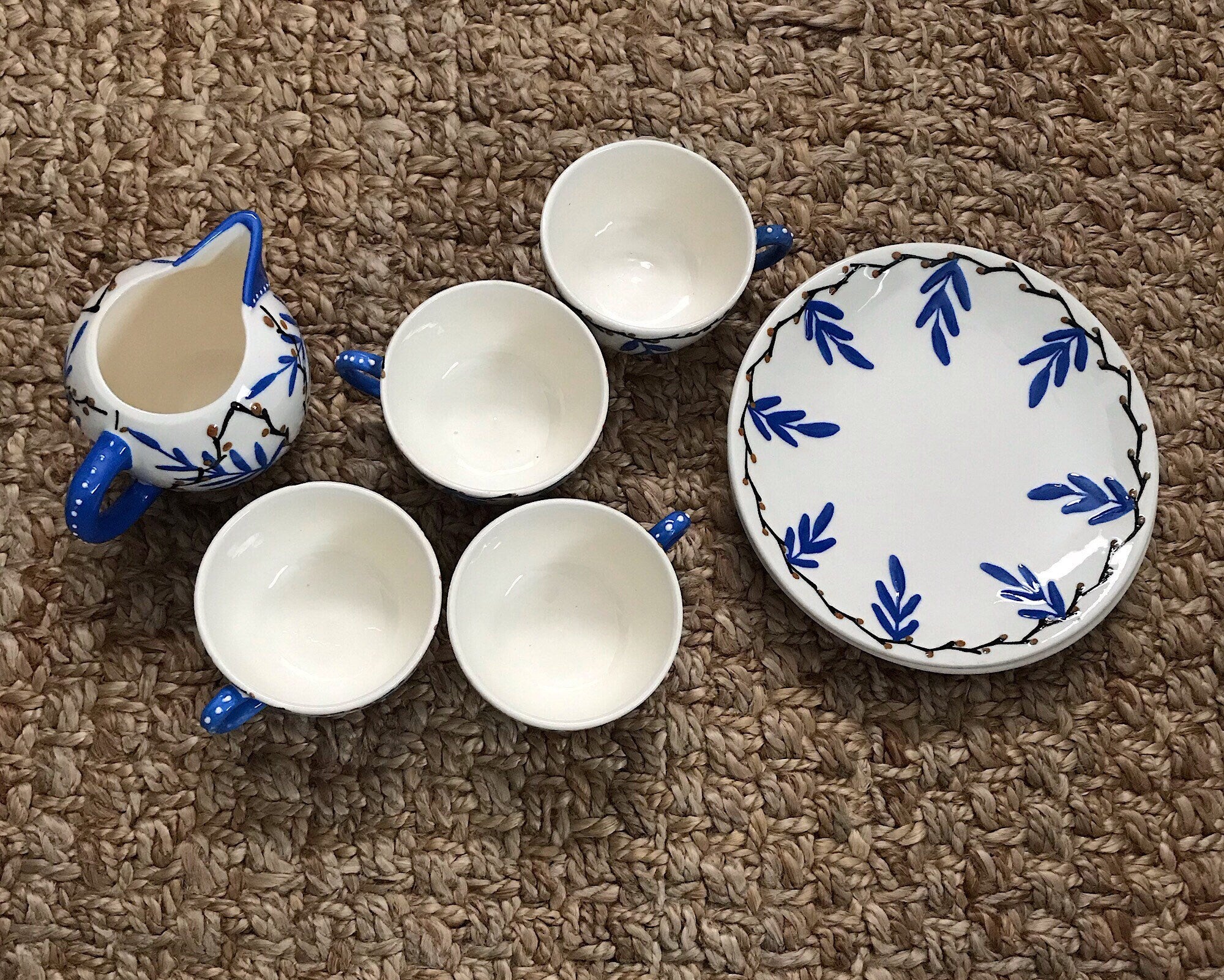 Vintage 70s Tea Set Hand Painted Tea Mugs Creamer Dessert Plates | Shop ...