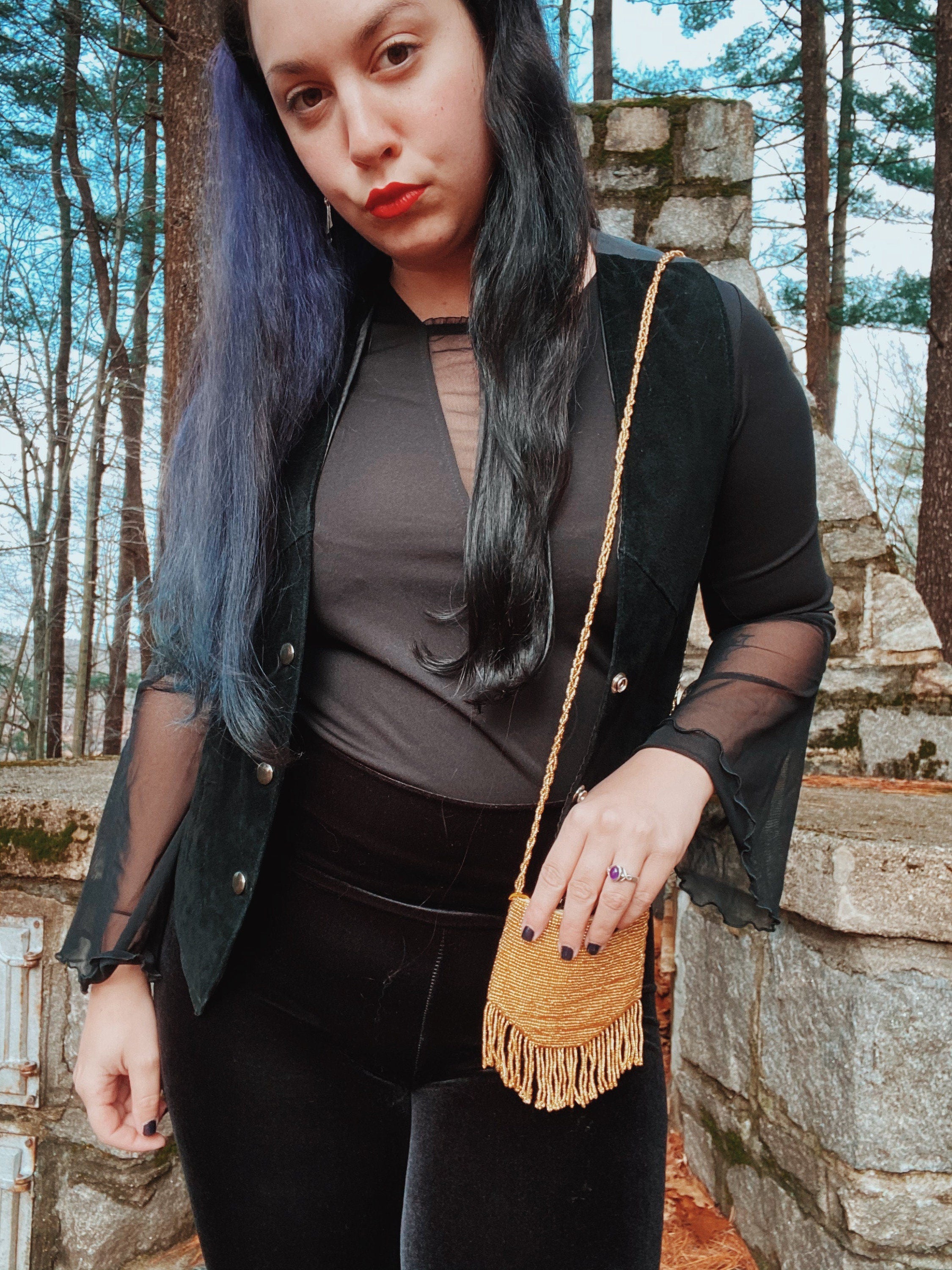 Vintage 80s Deadstock Beaded Fringe Gold Braided Chain Crossbody Purse ...