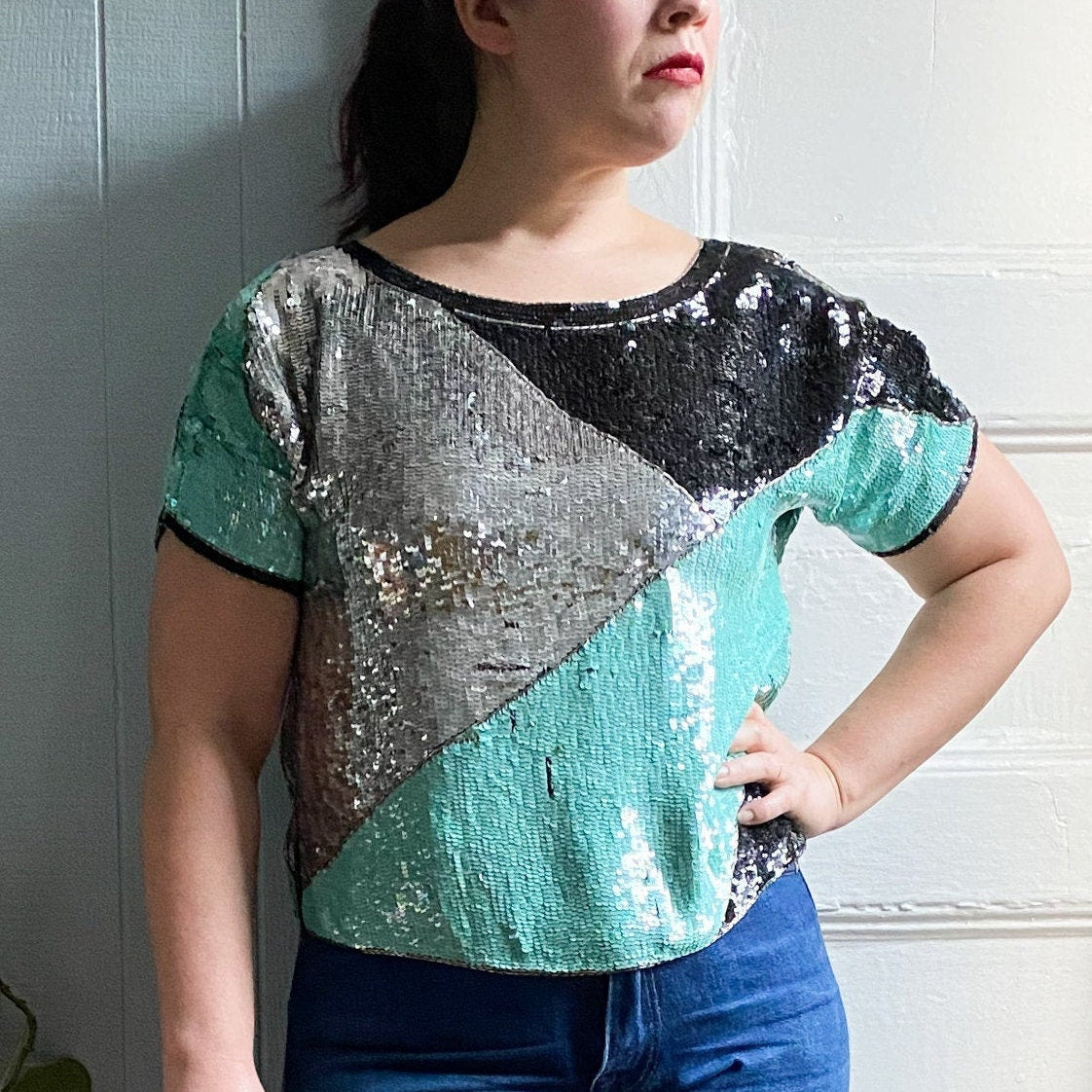Vintage 80s Teal Black Silver Colorblock Sparkle Sequin Pearl Party Di ...
