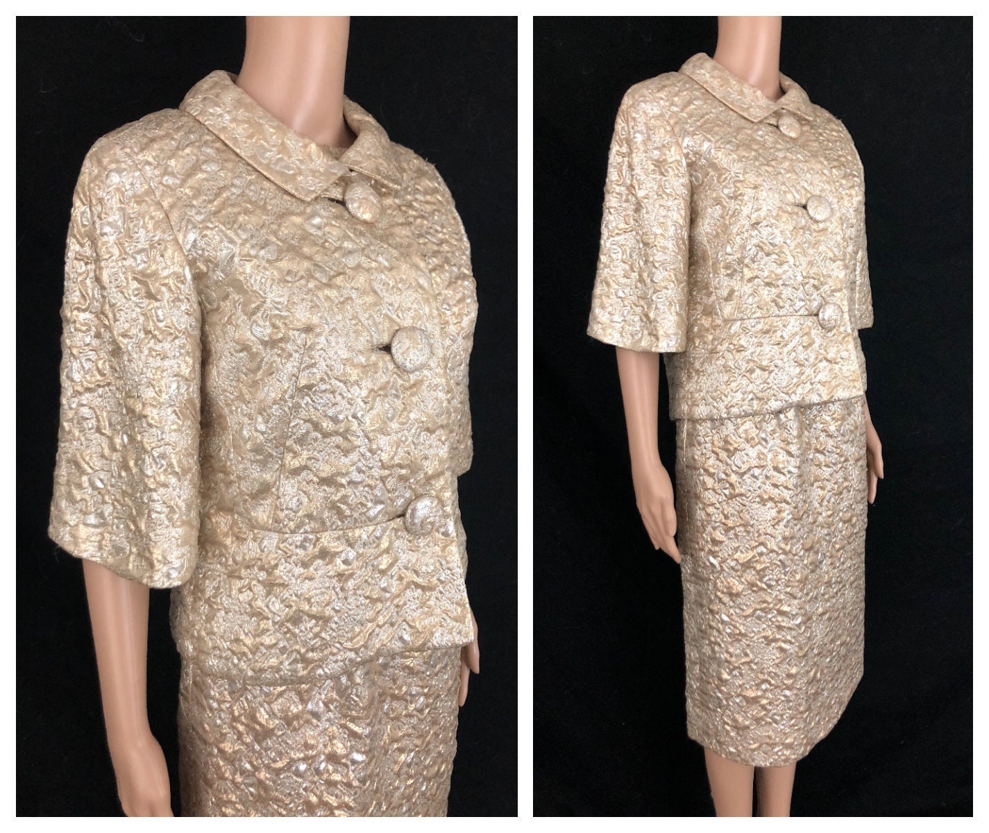 Vintage 60s Gold Metallic Lurex Textured Brocade Matching 2 Two Piece ...