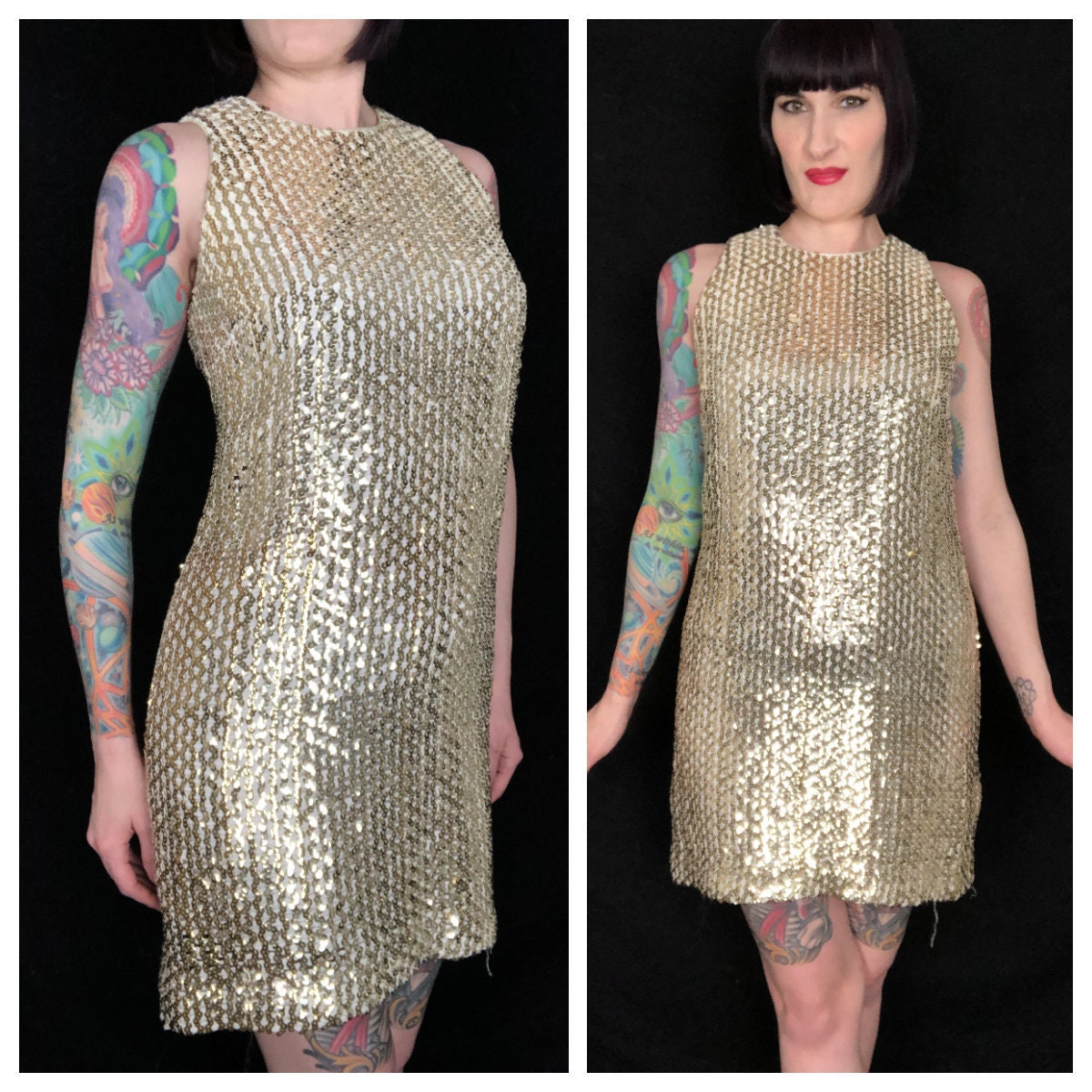 Vintage 60s Metallic Gold Fully Sequined Mod Cocktail Party Shift Dres ...