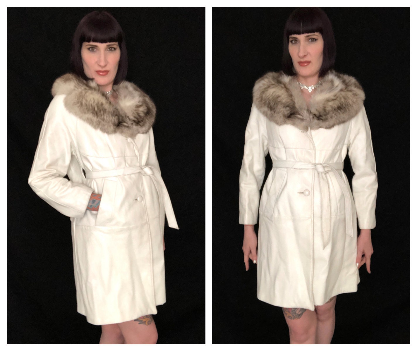 Vintage 60s Winter White Leather and Fox Fur Collar Trim Mod Coat ...