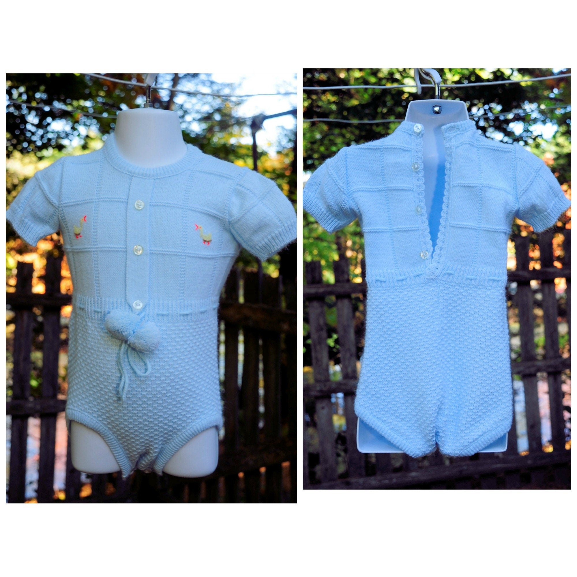 Vintage 80s Baby Boys Blue Knit Romper with Duck Design by Renzo | Shop ...