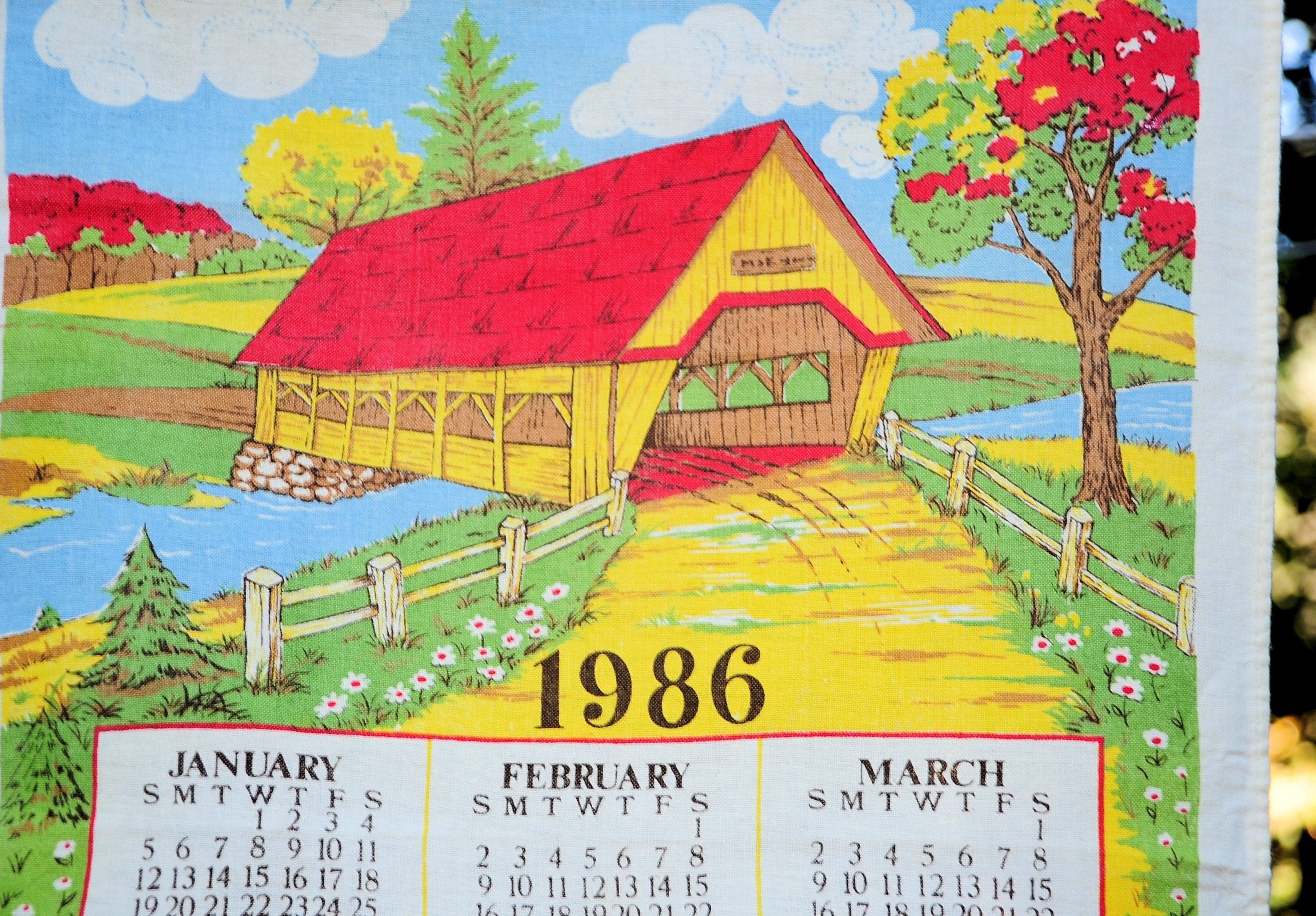 Vintage Vtg 1986 Gold Covered Bridge with Red Roof Calendar Tea Towel ...