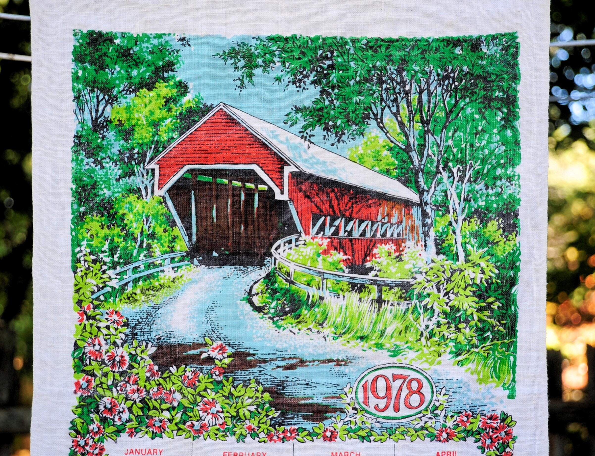 Vintage 1978 Red Covered Bridge and Country Lane In Spring Calendar Te ...
