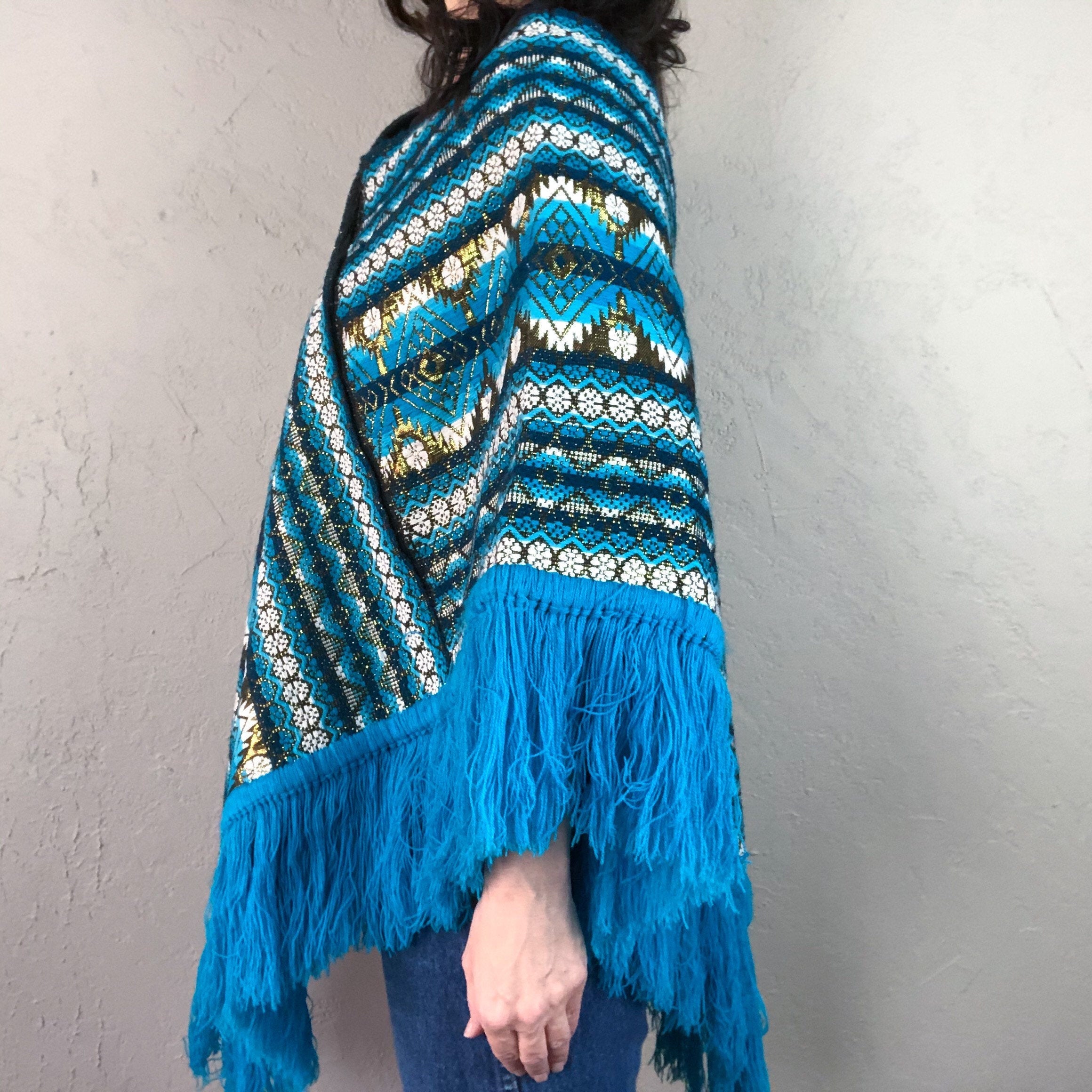 Vintage 60’s White Blue and Metallic Gold Poncho | Shop THRILLING