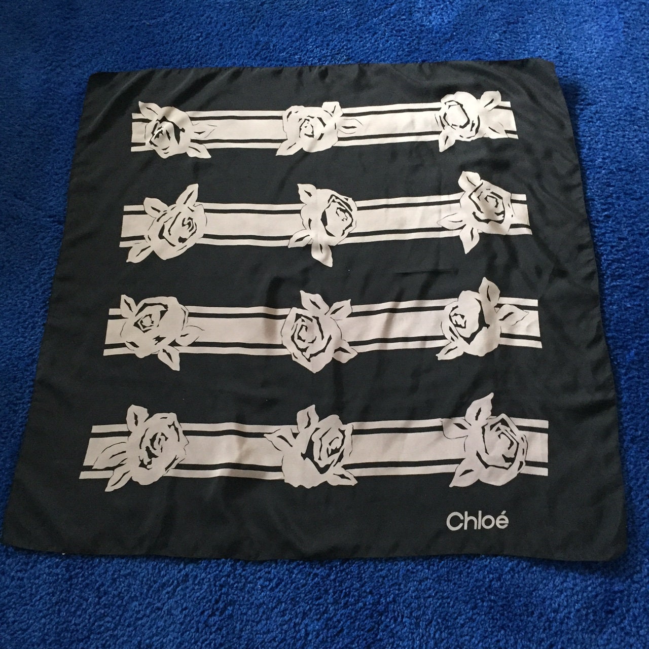 Vintage 80s Chloe Silk Scarf Black and Putty Stripe and Rose Design by ...