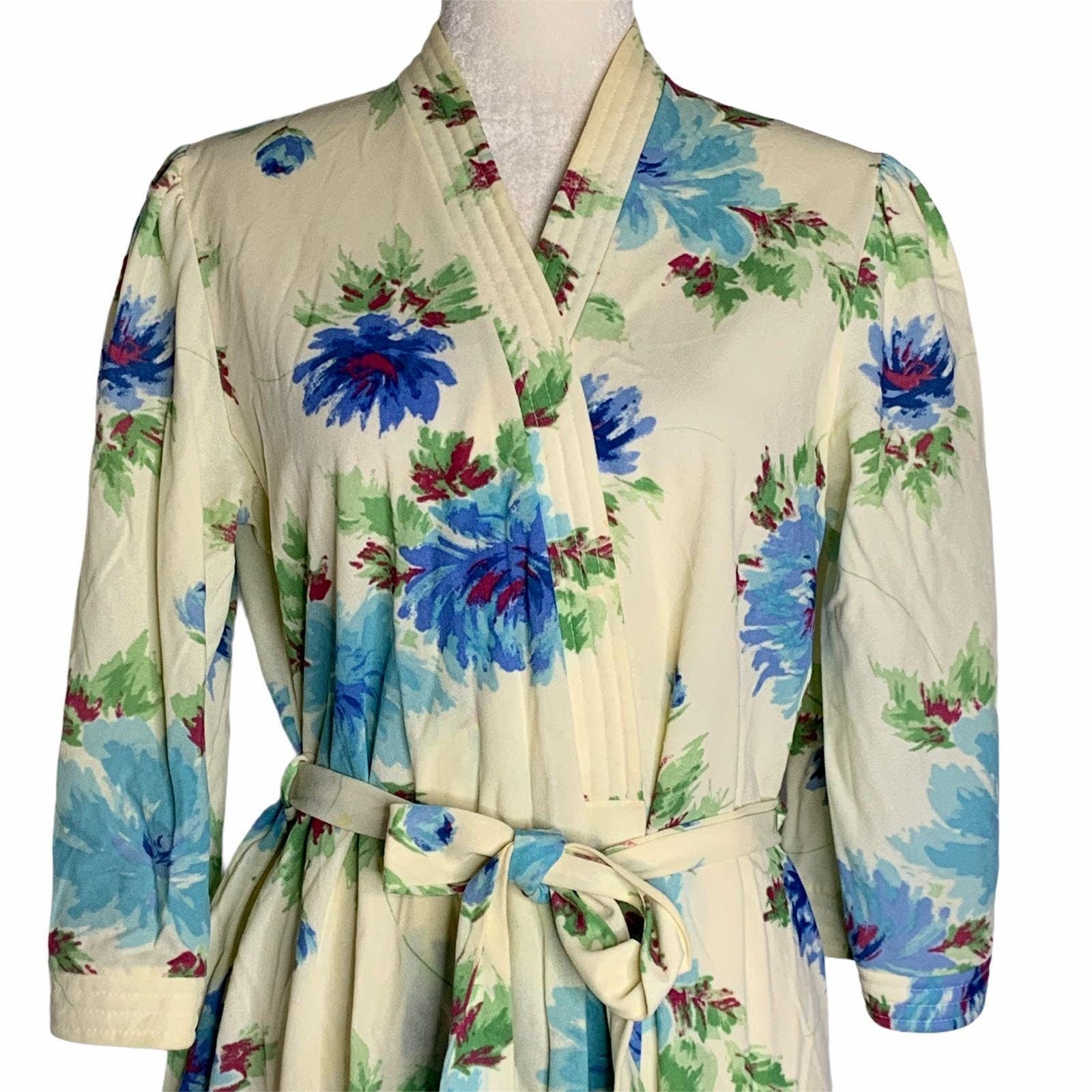 Vintage Sears Dressing Bath Robe S Cream Floral Full Length Tie Belt 3 ...