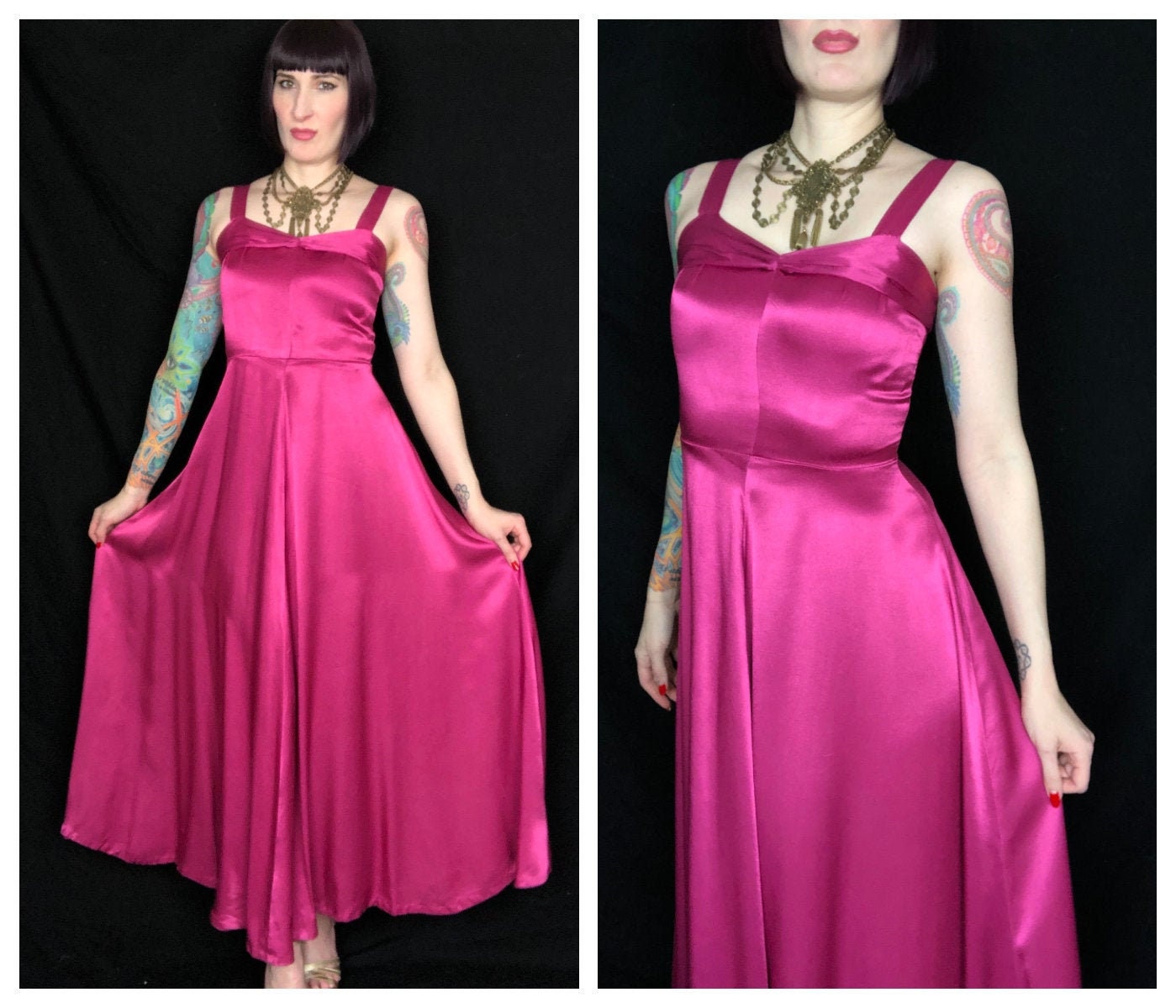 Vintage 40s Style Raspberry Liquid Satin Old Hollywood Glam Princess G ...