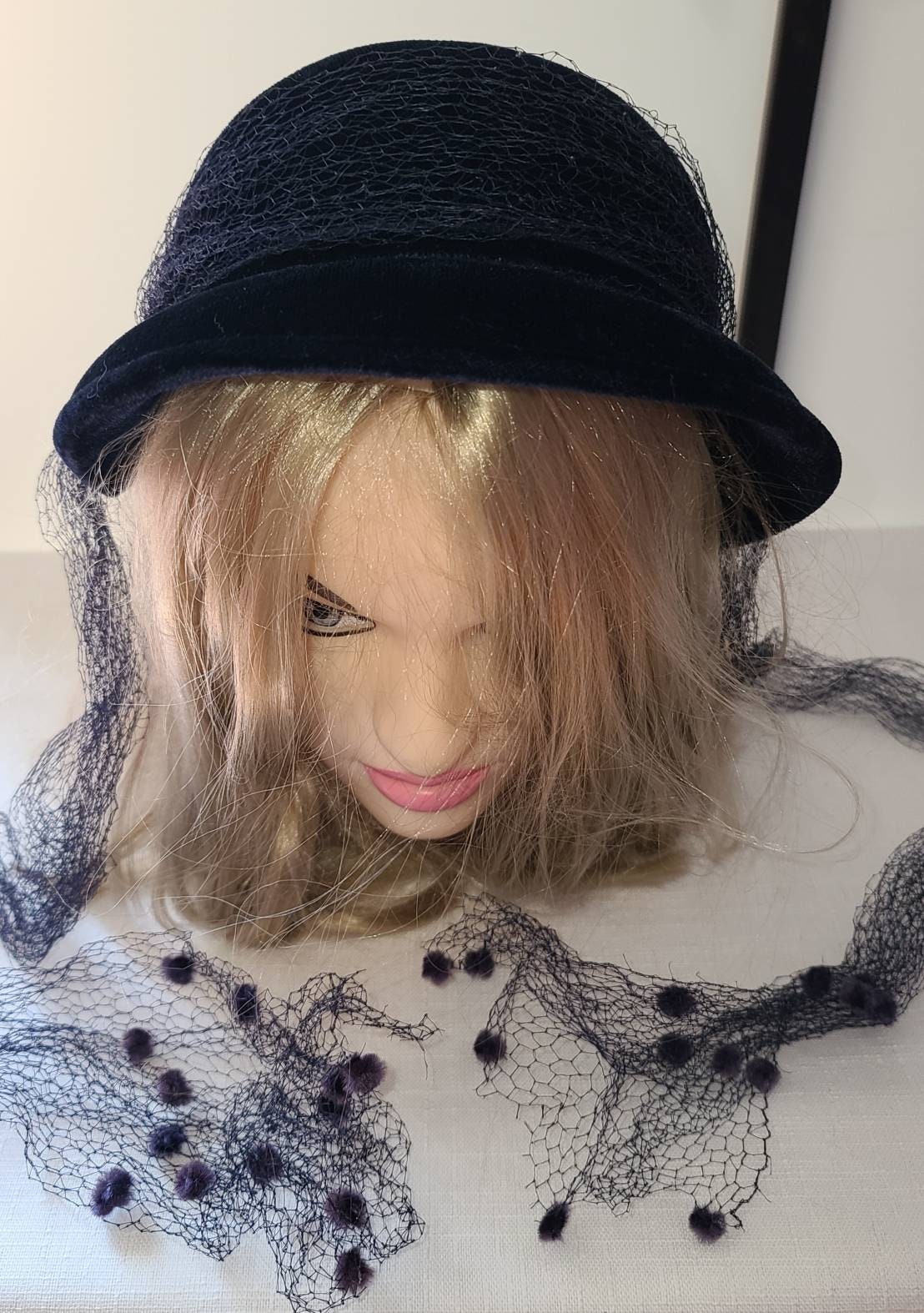Vintage 30s Dark Blue Velvet Bonnet Hat Long Mesh Net Ties | Shop THRILLING
