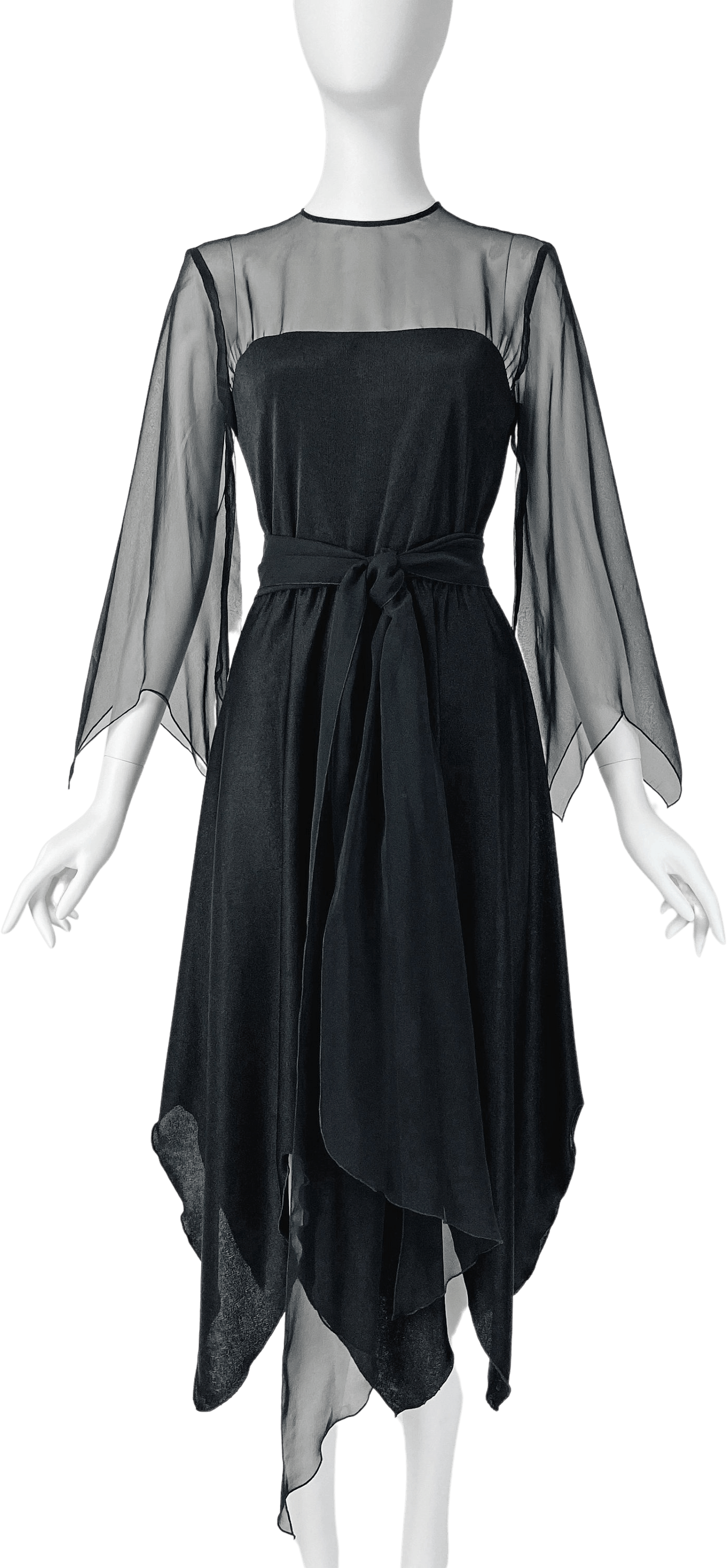 Vintage 70’s Gothic Sheer Bell Sleeve Dress by B Altman & Co, Fifth ...