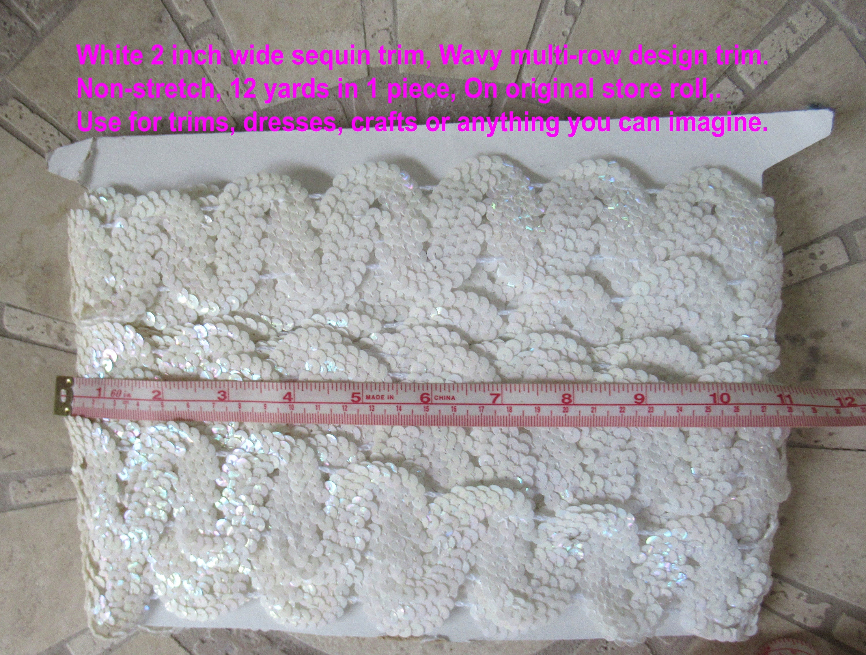 Vintage 12 Yards Sequin Trim 2 Inch Wide, Wavy Multi-Row Design Trim ...