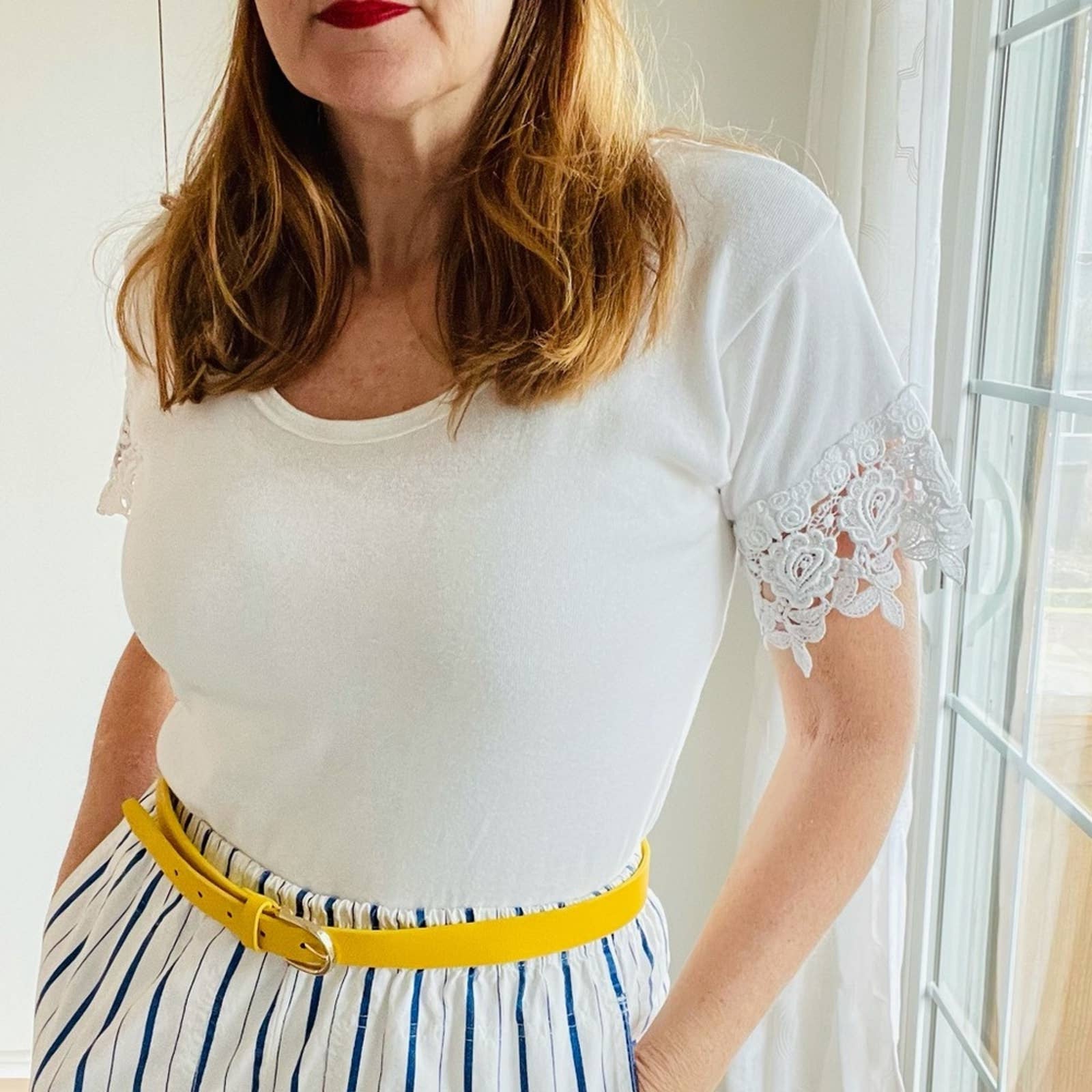 Vintage 90’s White Scoop Neck T-Shirt with Lace Detail by Catherine ...