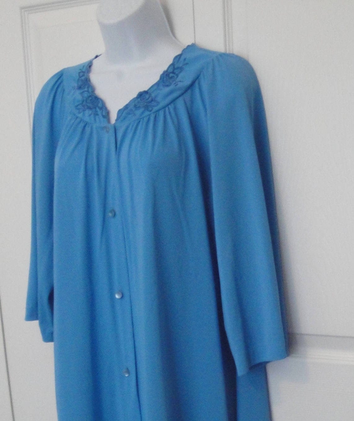 Vintage Shadowline Nylon Robe Cobalt Blue Floral Trim Yoke Small Sleeve ...