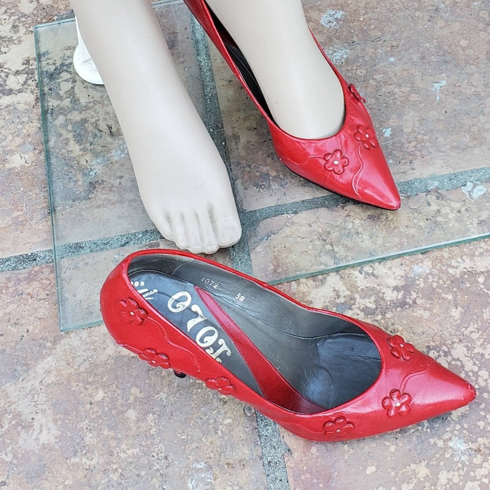 Vintage 80's Red Leather High Heel Pumps with Flowers and Rhinestones ...
