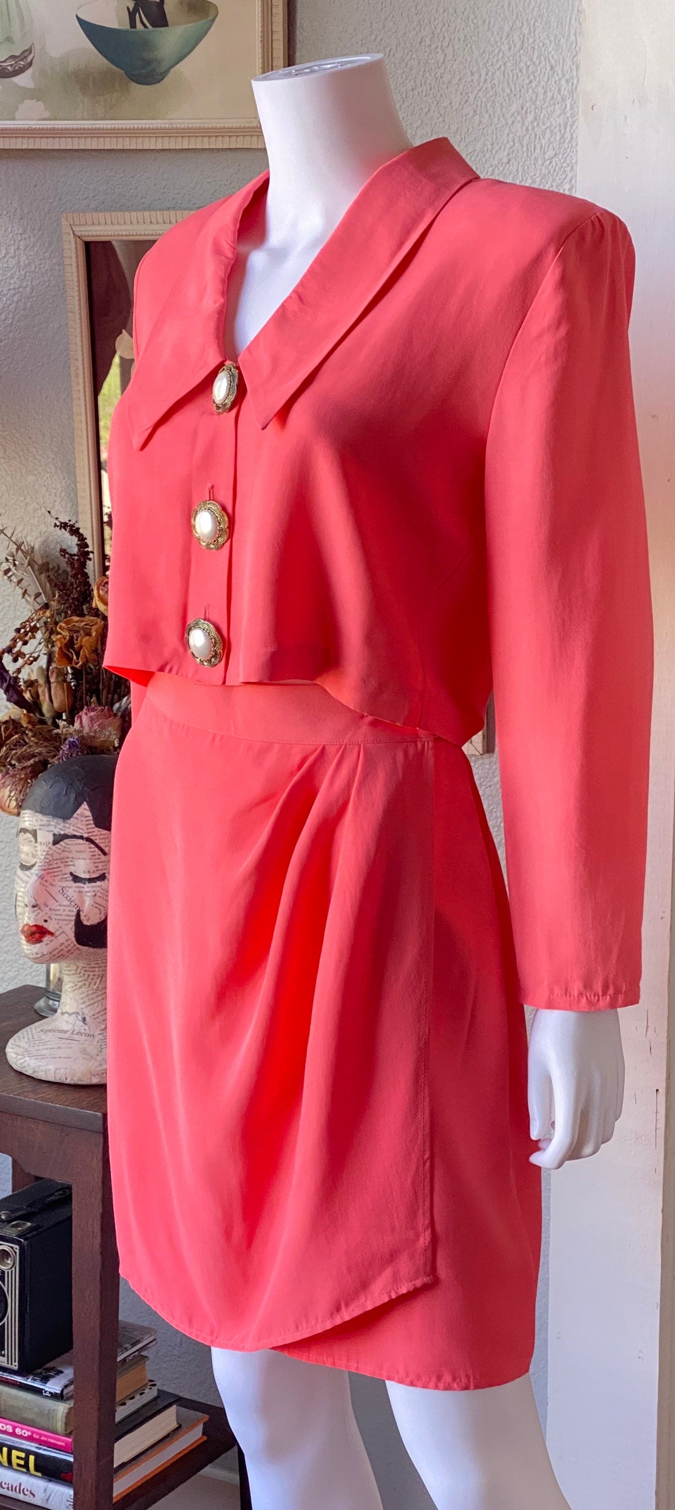Vintage 80s Coral Cropped Jacket and Wrap Skirt Set by Rampage | Shop ...