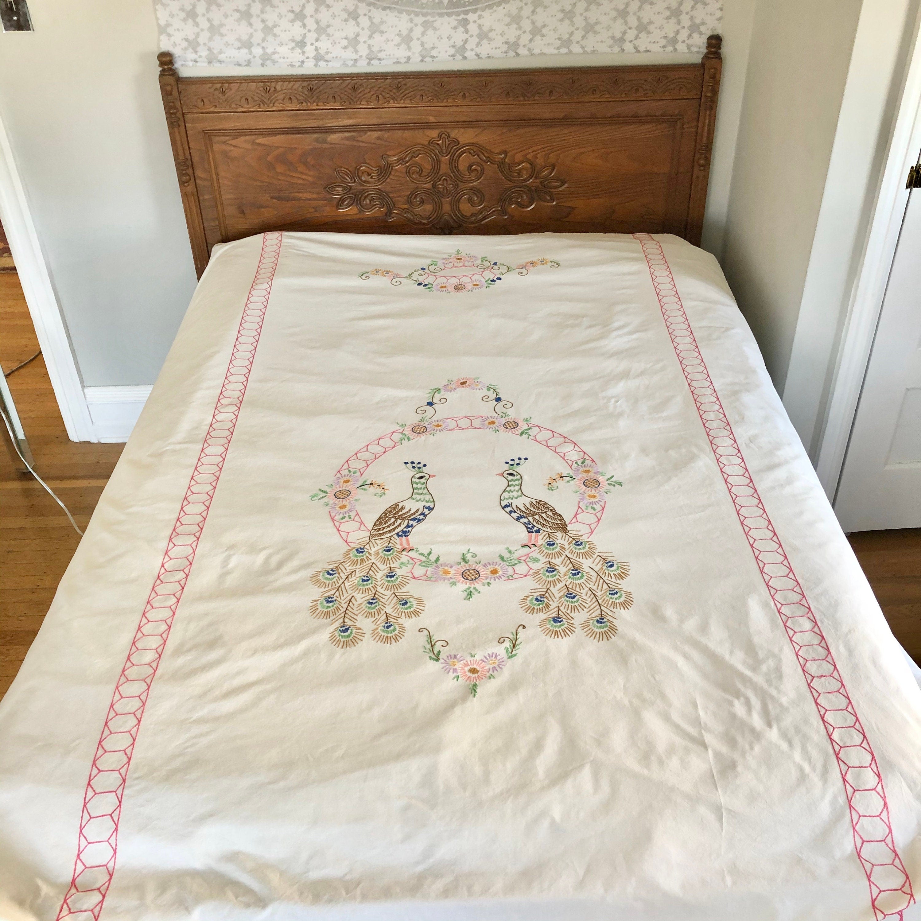 Vintage Peacock Embroidered Bed Cover Tablecloth | Shop THRILLING
