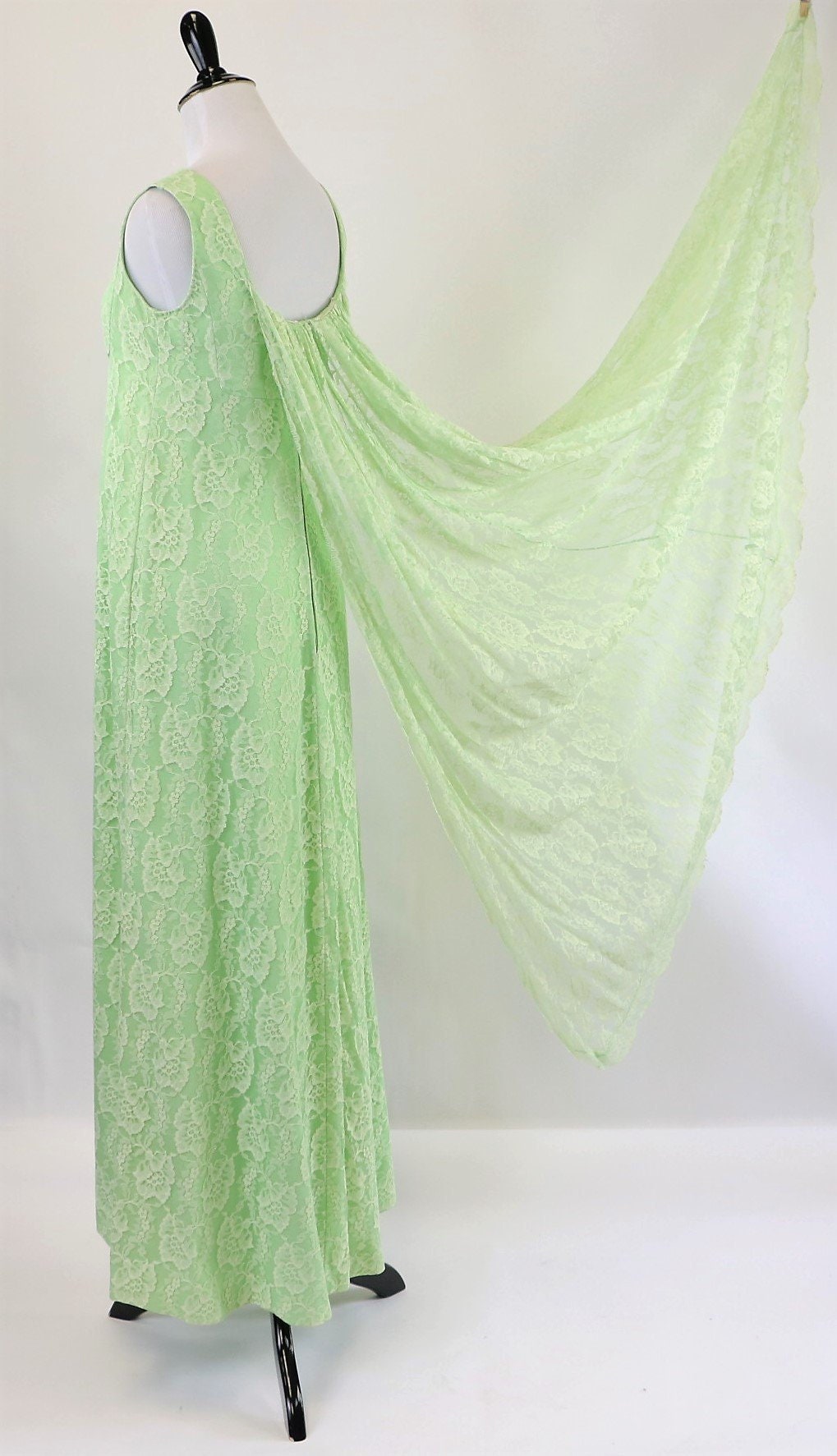 Vintage 60s Mint Green Romantic Lace Gown with Lace Back Train Cape ...
