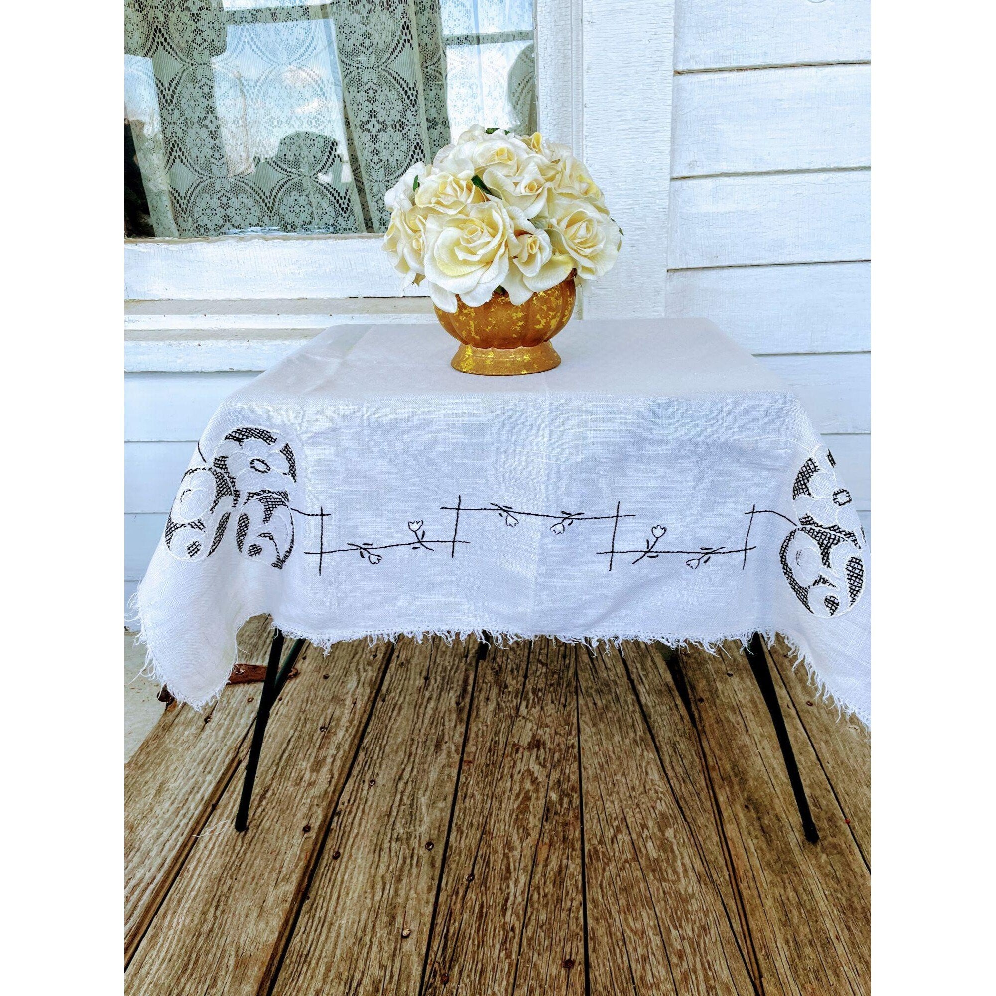 Vintage Flax Linen Embroidery Small Tablecloth | Shop THRILLING