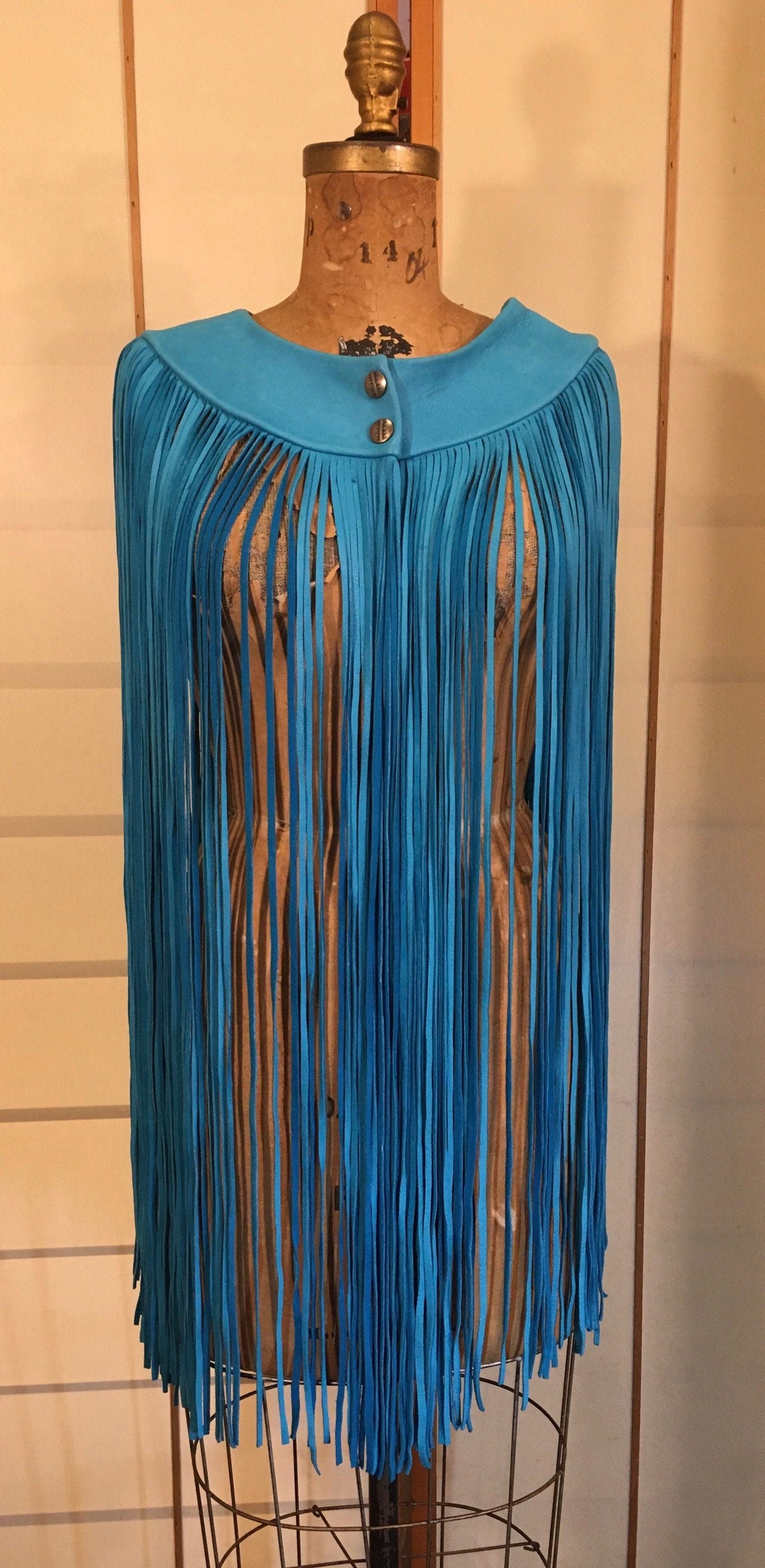 Vintage 70s 80s Unisex Suede Turquoise Fringe Cape | Shop THRILLING