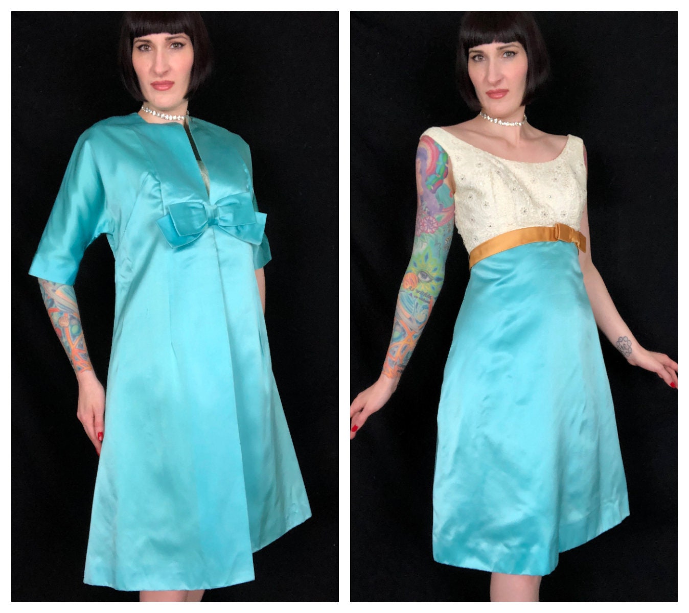 Vintage 60s Two Piece Sky Blue Satin Swing Coat with Matching Satin Da ...