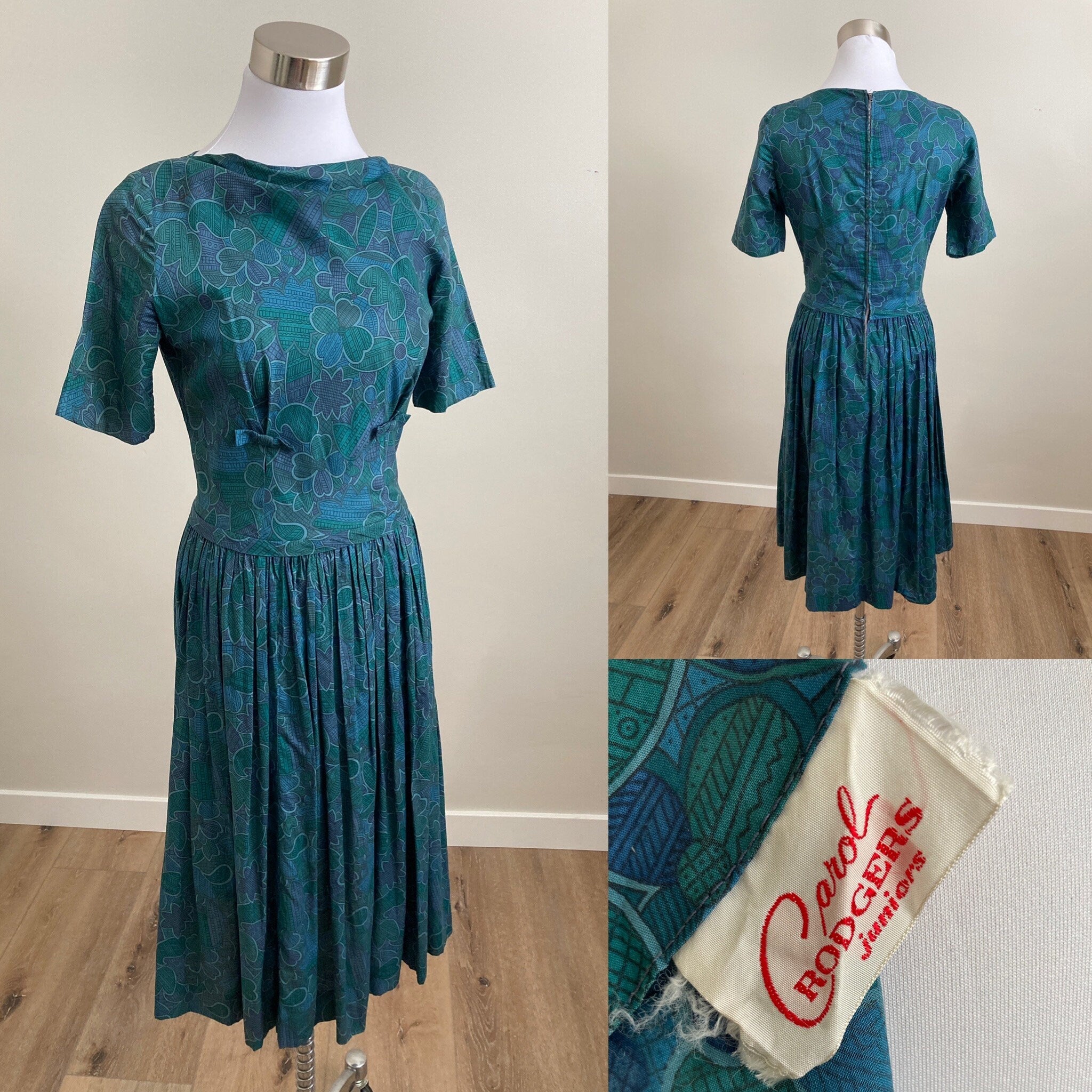 Vintage 50s 60s Sweet Carol Rodgers Blue and Green Floral Fit and Flare ...