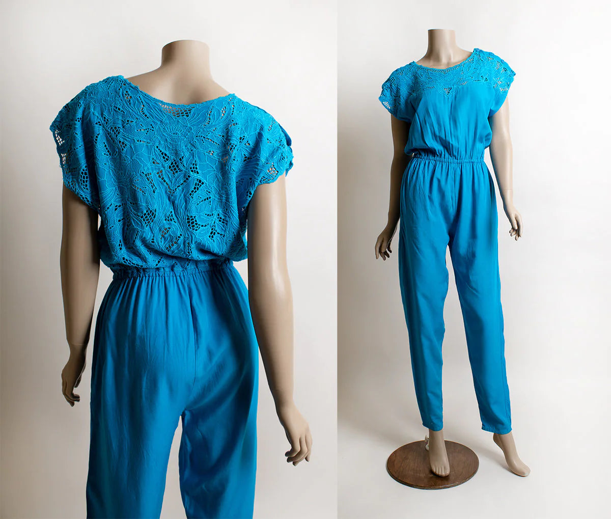 Vintage Cutwork Floral Back Jumpuit Aqua Turquoise Teal Blue Side Pock ...