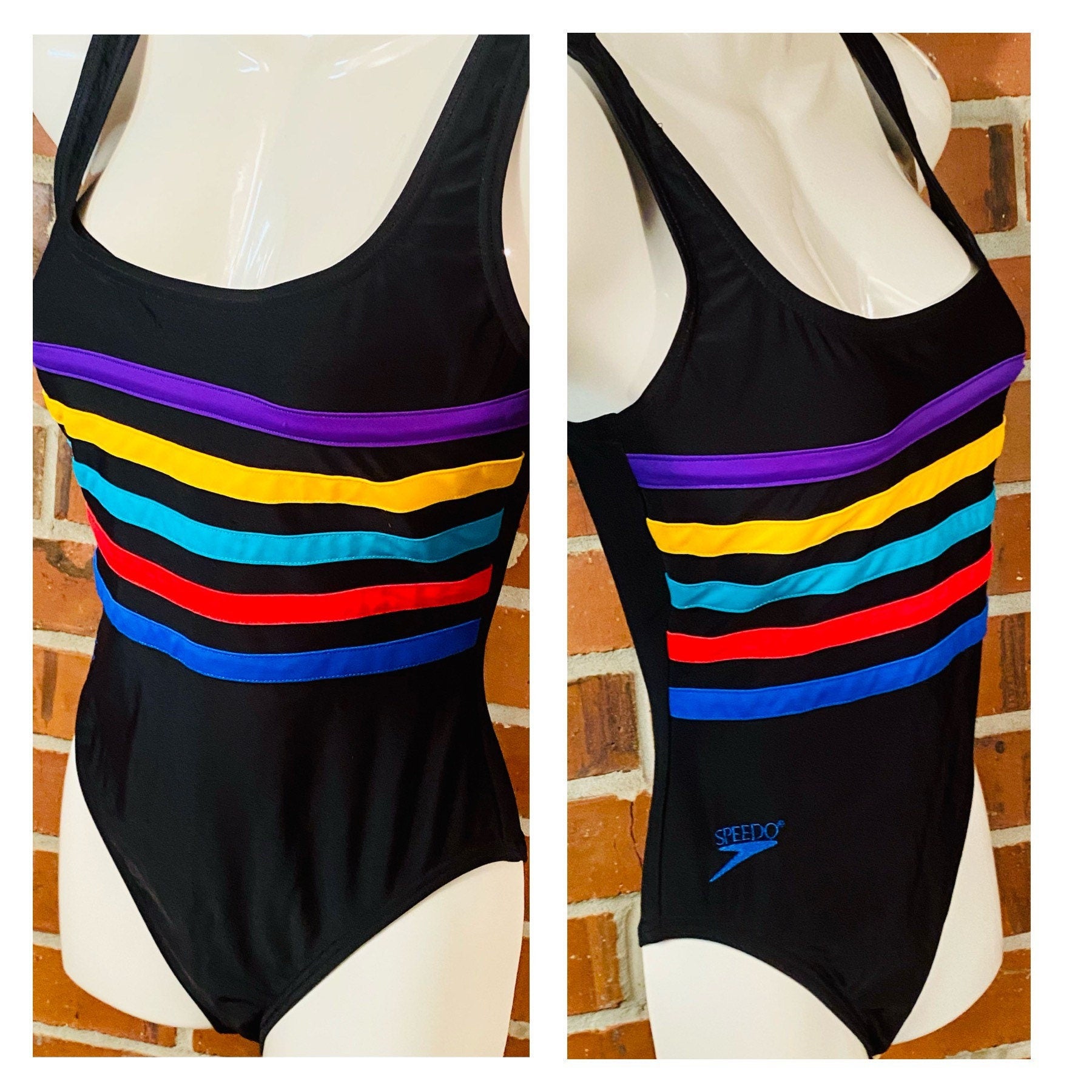 Vintage 80’s Rainbow Striped Black One Piece Speedo Swimsuit | Shop ...