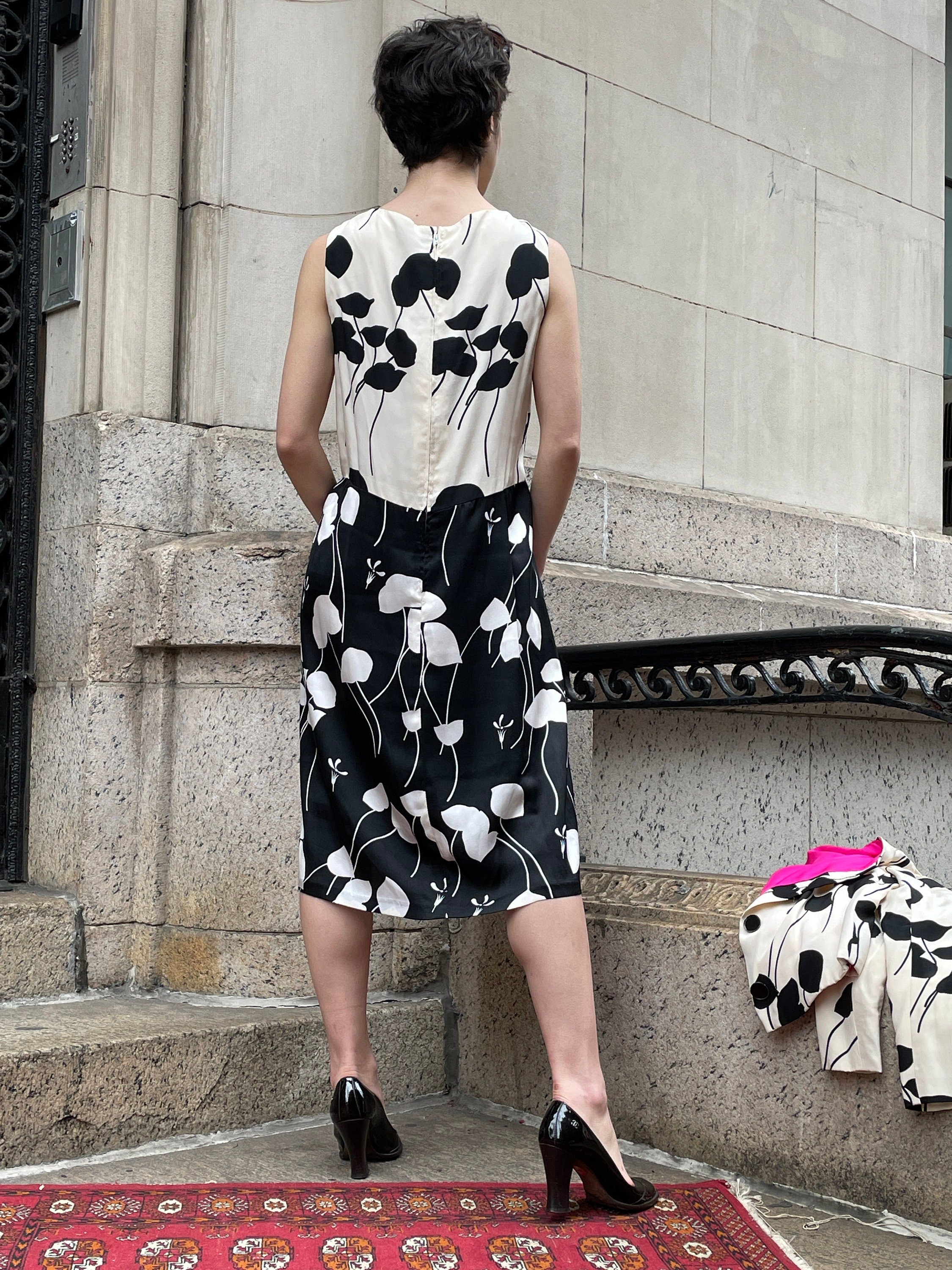 Vintage 80s Silk Black and White Arnold Scassi Sleeveless Dress with ...