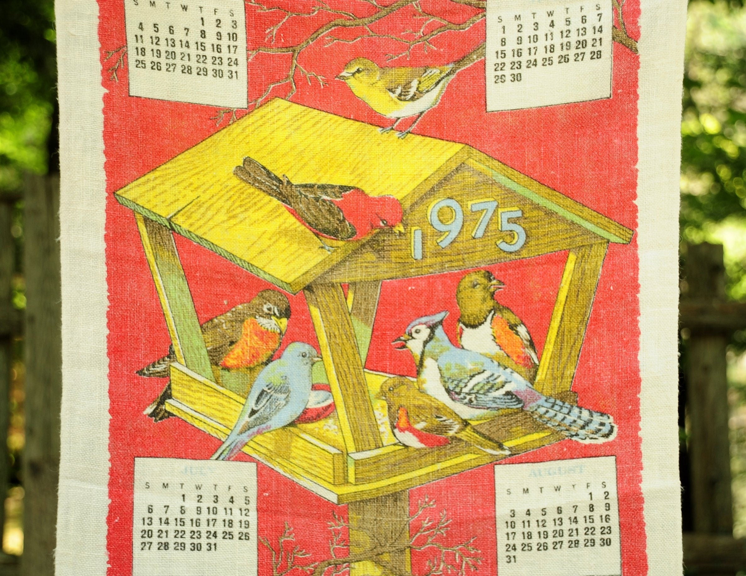Vintage 1975 Calendar Towel Garden Birds On Birdfeeder Blue Jay Goldfi ...