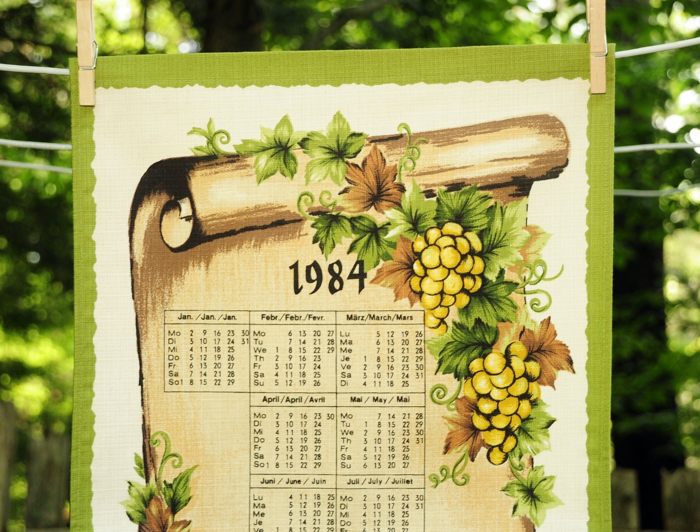 Vintage 1984 Calendar Towel Scroll and Grape Design St Goar Rhein Germ ...